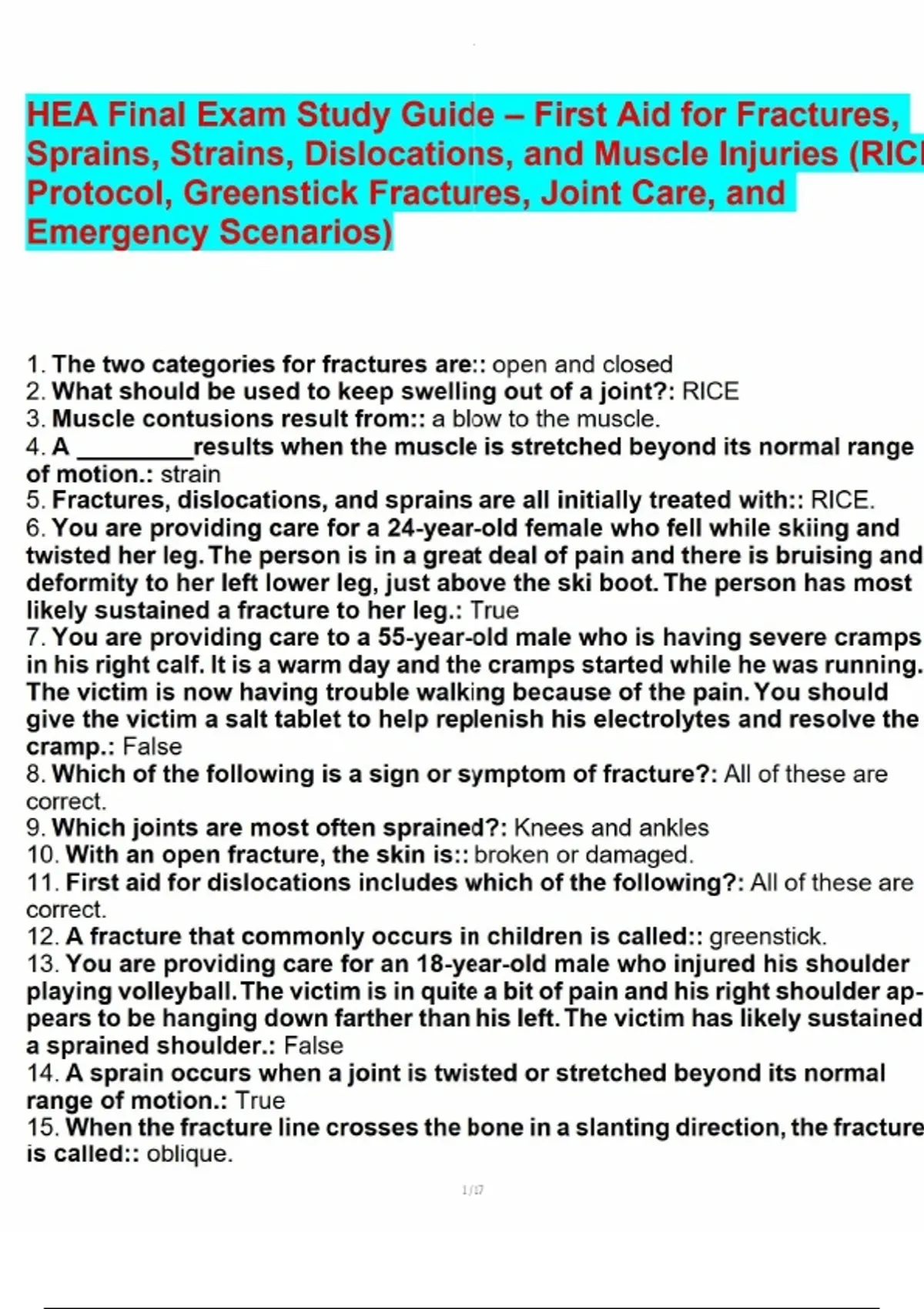 HEA Final Exam Study Guide – First Aid for Fractures, Sprains, Strains ...