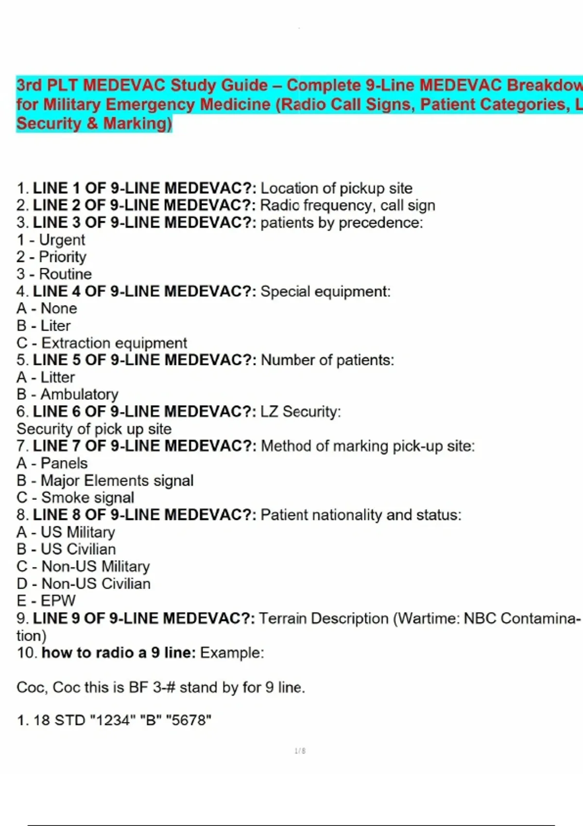 3rd PLT MEDEVAC Study Guide – Complete 9-Line MEDEVAC Breakdown for ...