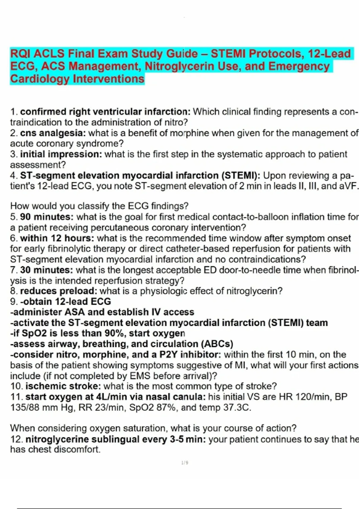 RQI ACLS Final Exam Study Guide – STEMI Protocols, 12-Lead ECG, ACS ...