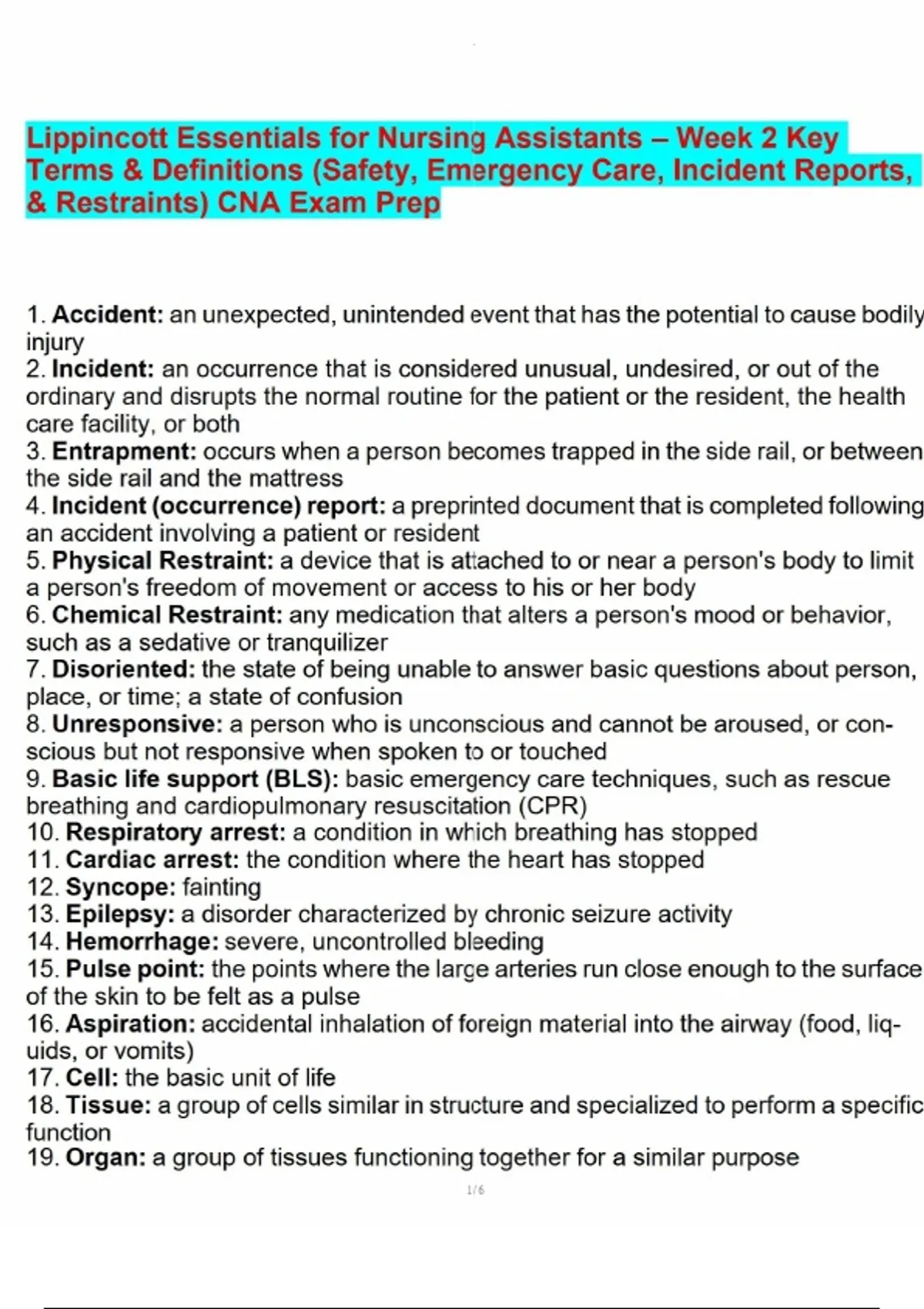 Lippincott Essentials for Nursing Assistants – Week 2 Key Terms ...