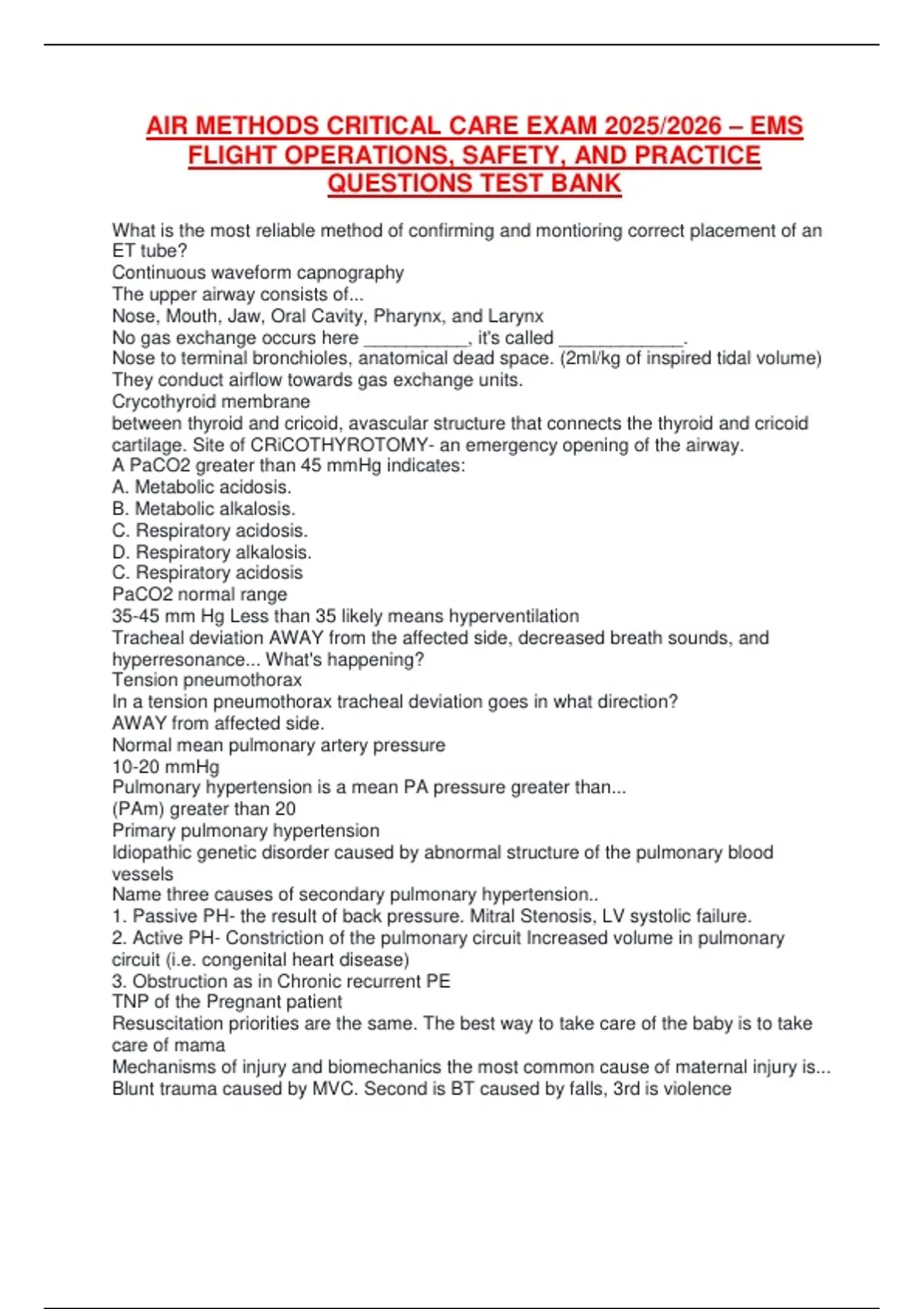 AIR METHODS CRITICAL CARE EXAM 2025/2026 – EMS FLIGHT OPERATIONS ...
