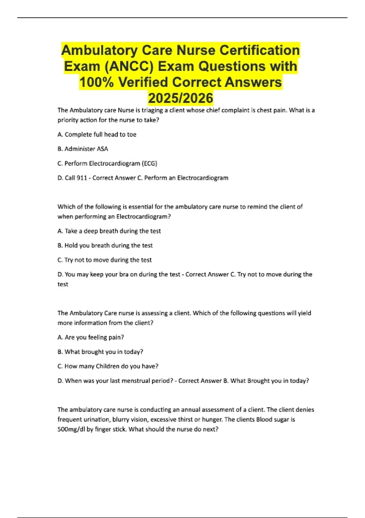 Ambulatory Care Nurse Certification Exam (ANCC) Exam Questions with 100 ...