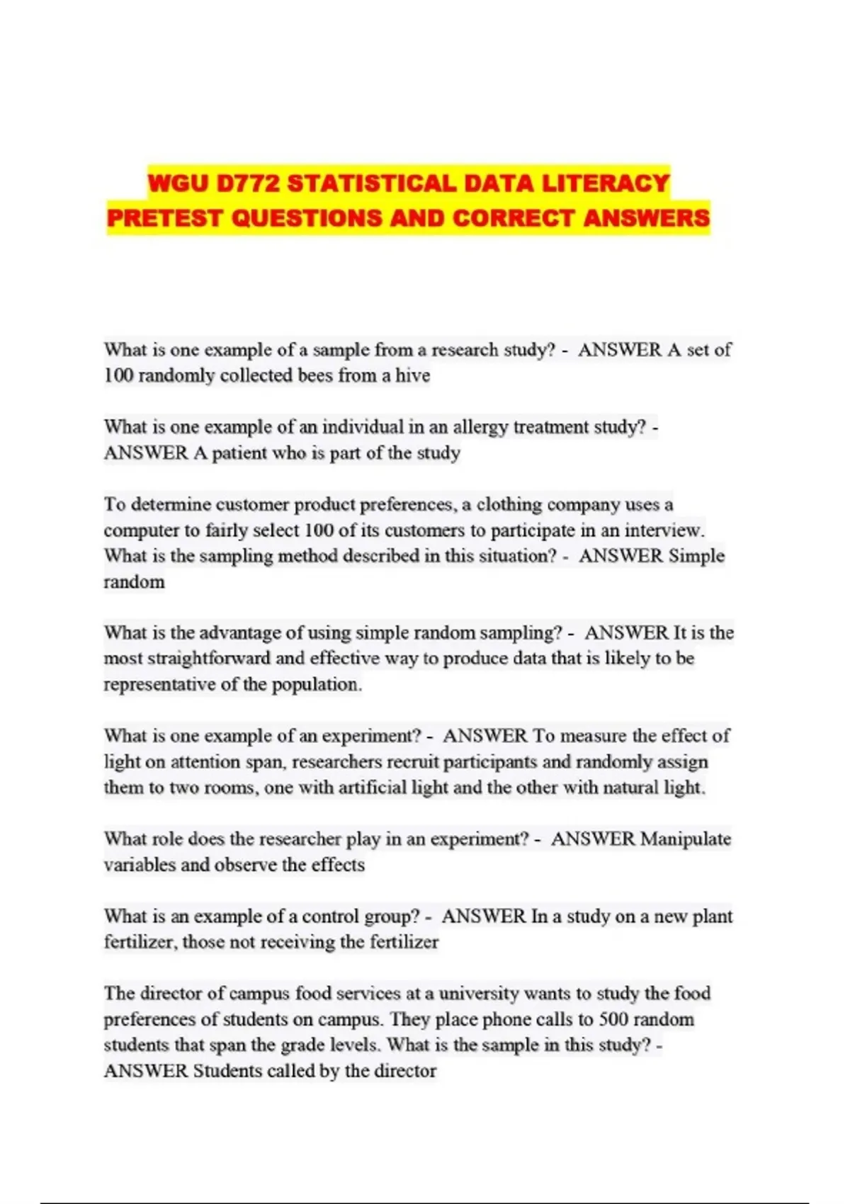 WGU D772 STATISTICAL DATA LITERACY PRETEST QUESTIONS AND CORRECT ...