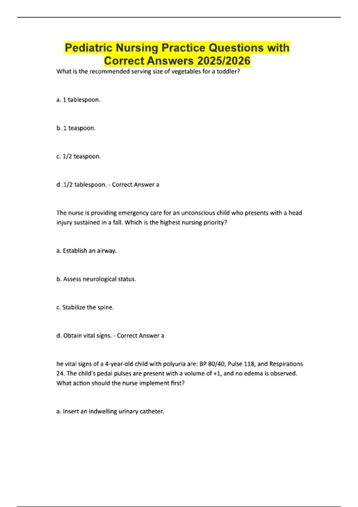 Pediatric Nursing Practice Questions with Correct Answers 2025/2026 ...