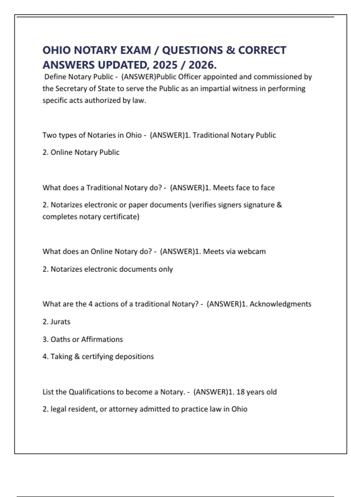 OHIO NOTARY EXAM / QUESTIONS & CORRECT ANSWERS UPDATED, 2025 / 2026 ...