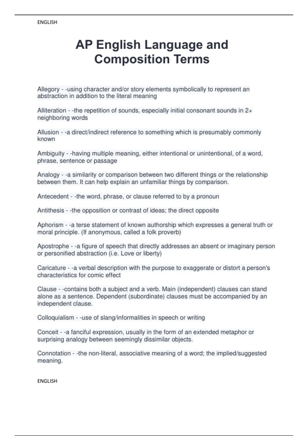 AP English Language and Composition Terms - AP ENGLISH - Stuvia US
