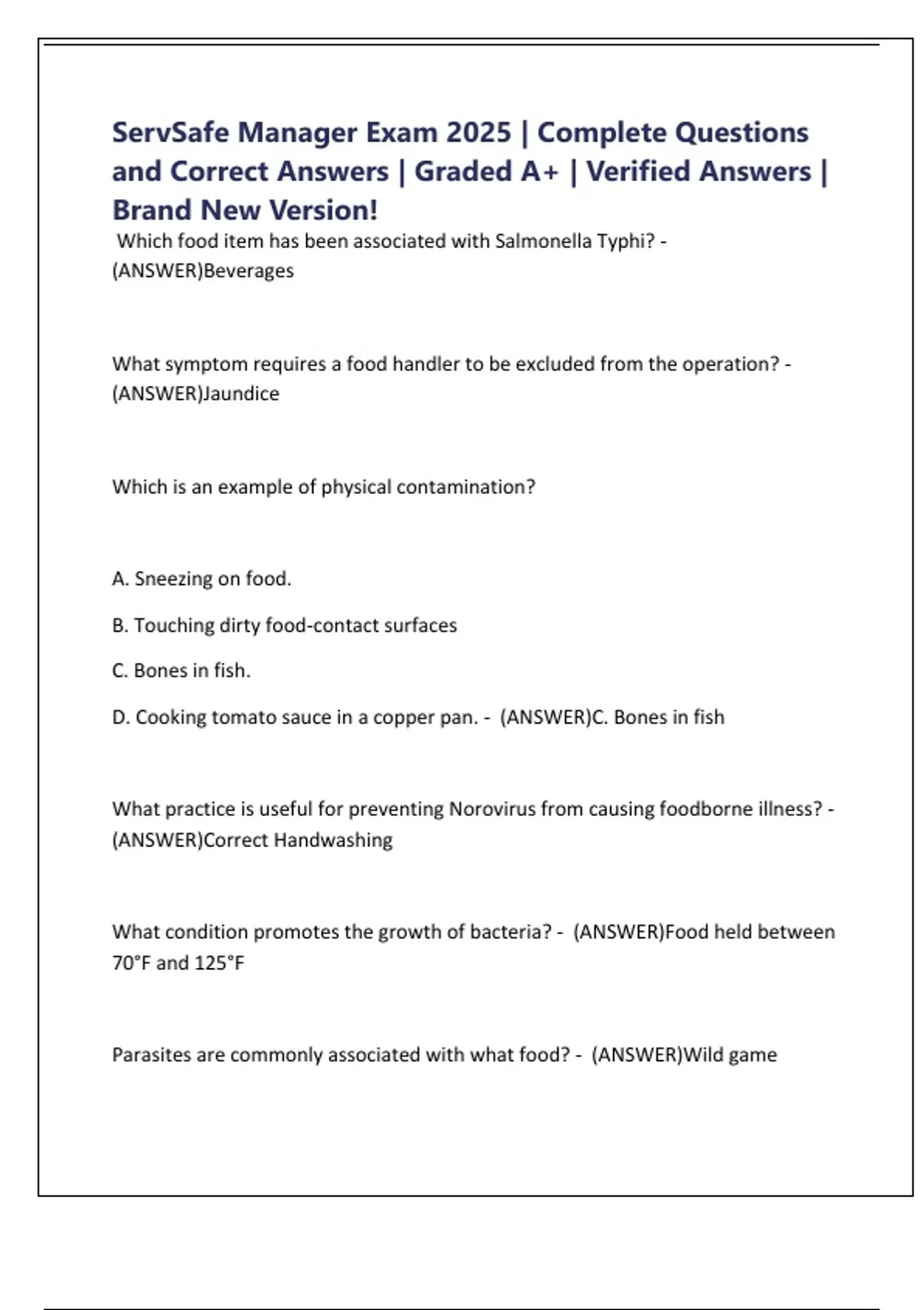 ServSafe Manager Exam 2025 | Complete Questions and Correct Answers ...