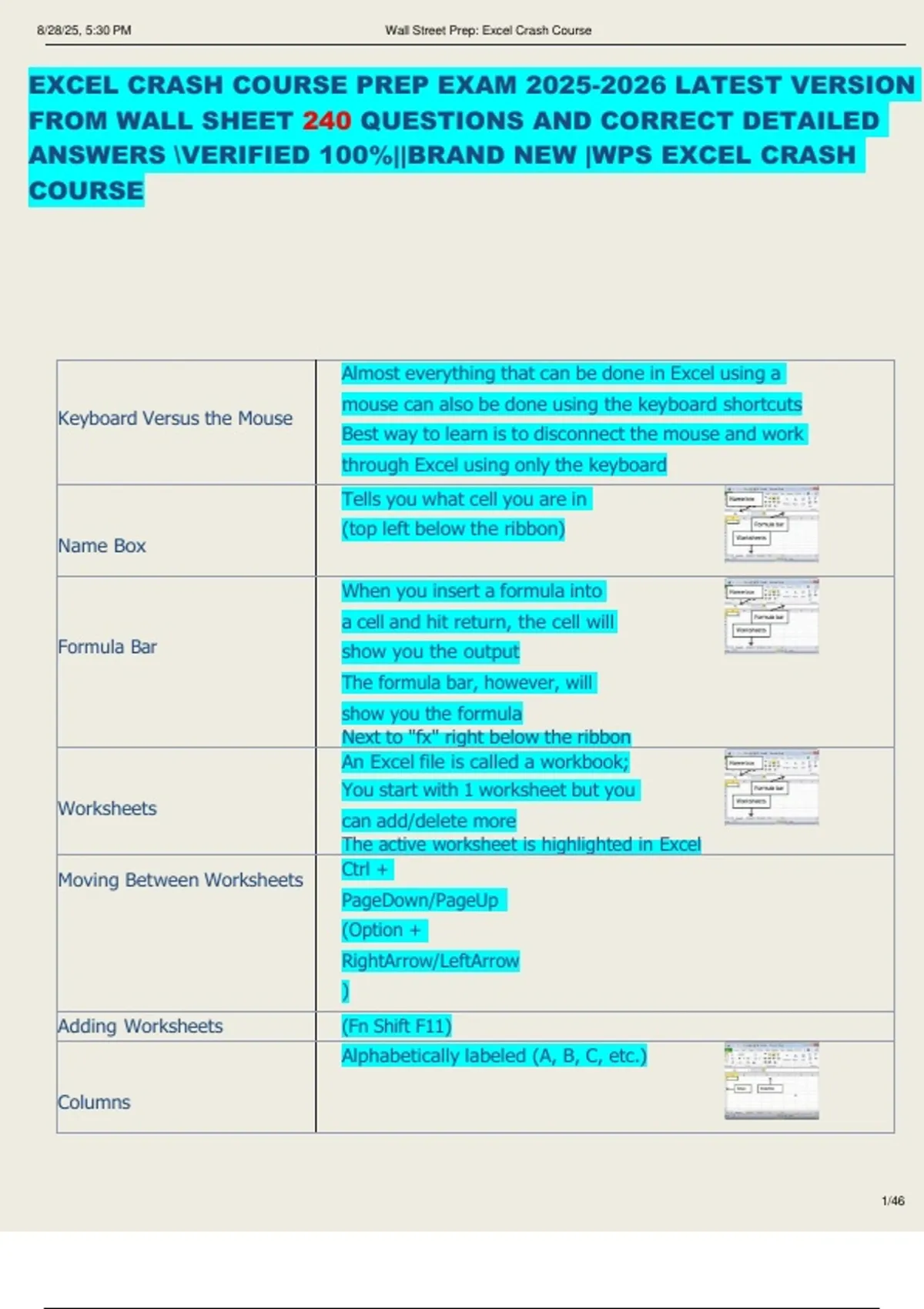 EXCEL CRASH COURSE PREP EXAM LATEST VERSION FROM WALL SHEET 240 ...