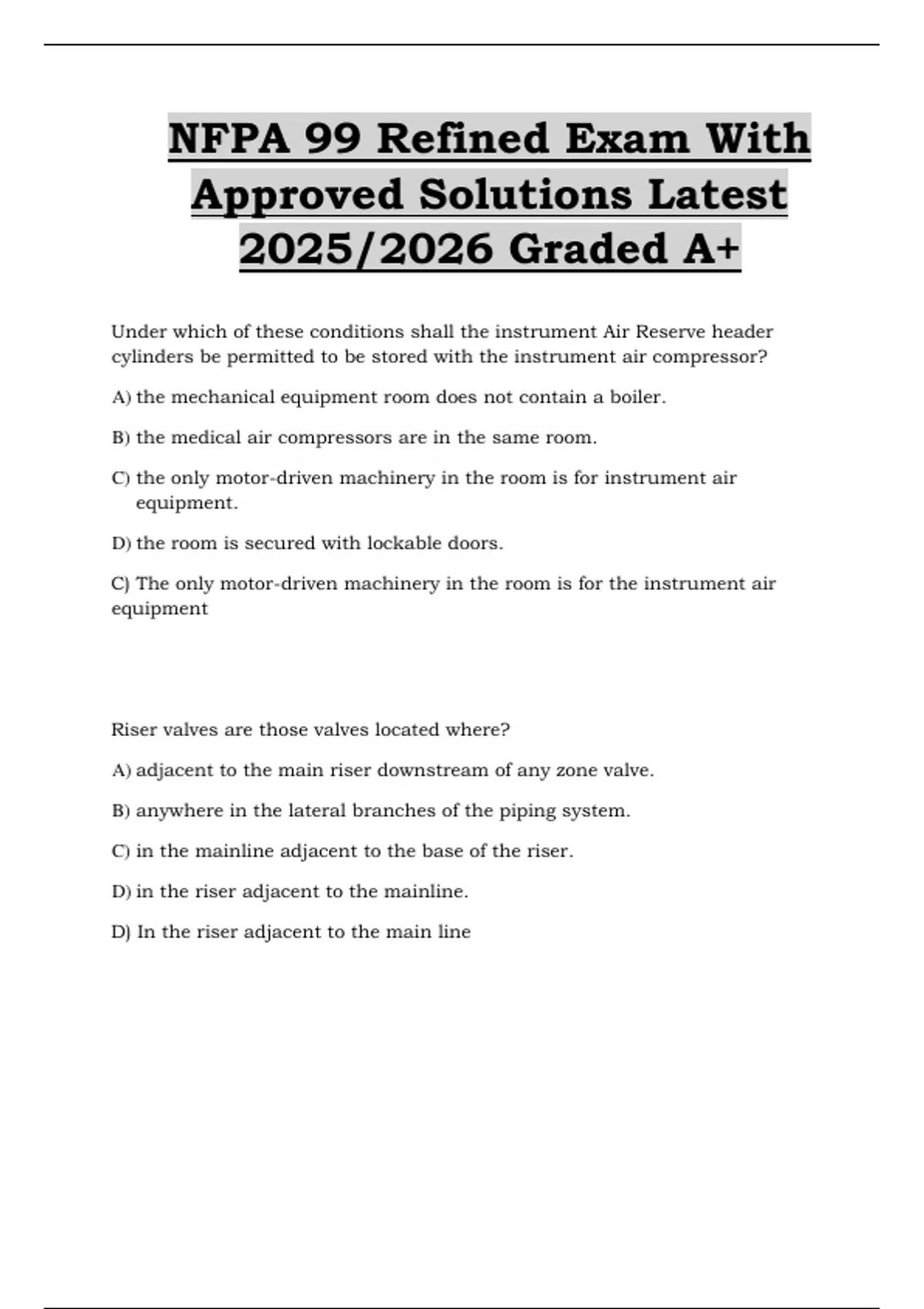 NFPA 99 Refined Exam – Approved Solutions (Latest 2025/2026, Graded A+ ...