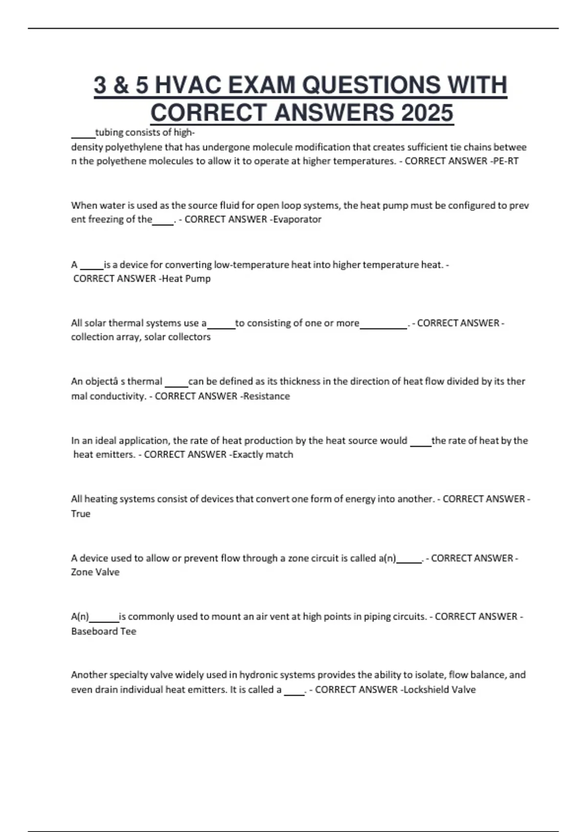3 & 5 HVAC EXAM QUESTIONS WITH CORRECT ANSWERS 2025 - 3 & 5 HVAC ...