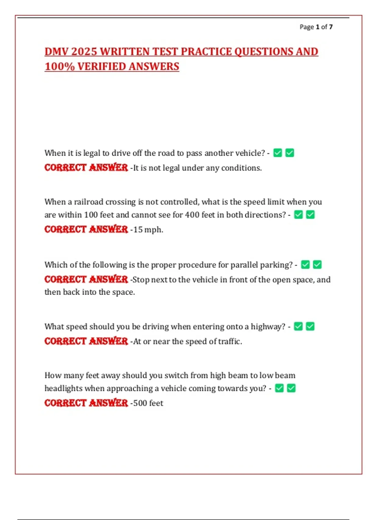 DMV 2025 WRITTEN TEST PRACTICE QUESTIONS AND 100% VERIFIED ANSWERS ...