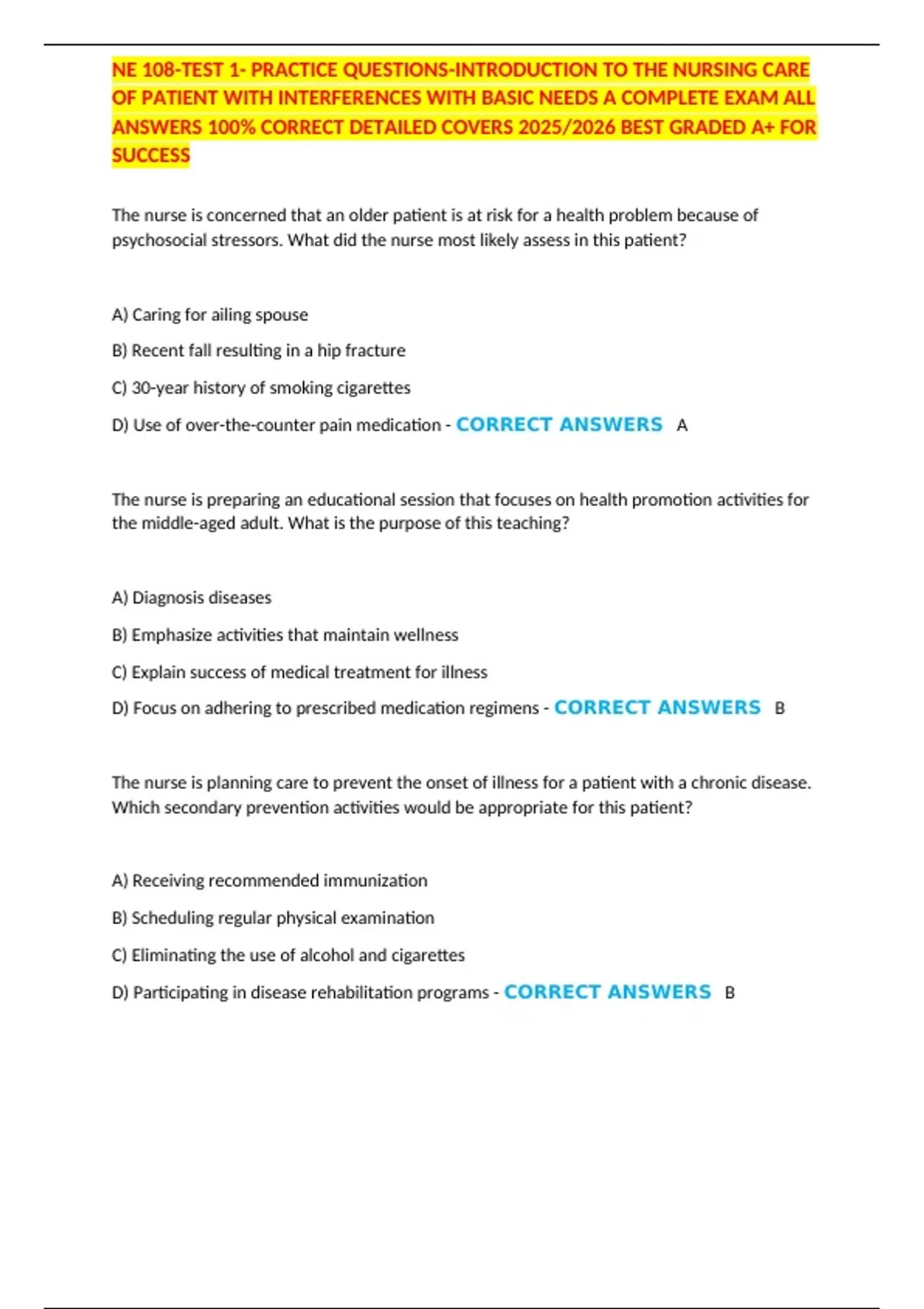 NE 108-TEST 1- PRACTICE QUESTIONS-INTRODUCTION TO THE NURSING CARE OF ...