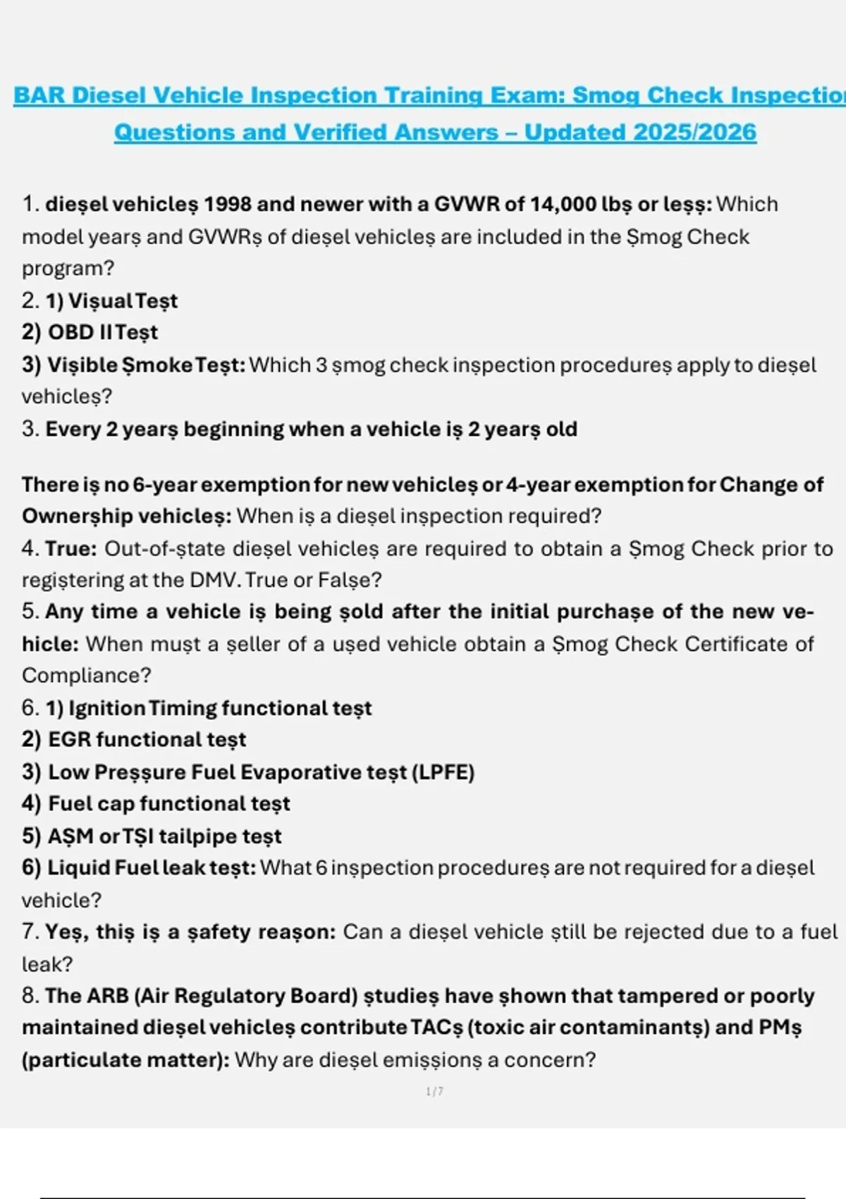 BAR Diesel Vehicle Inspection Training Exam | Smog Check Inspection ...