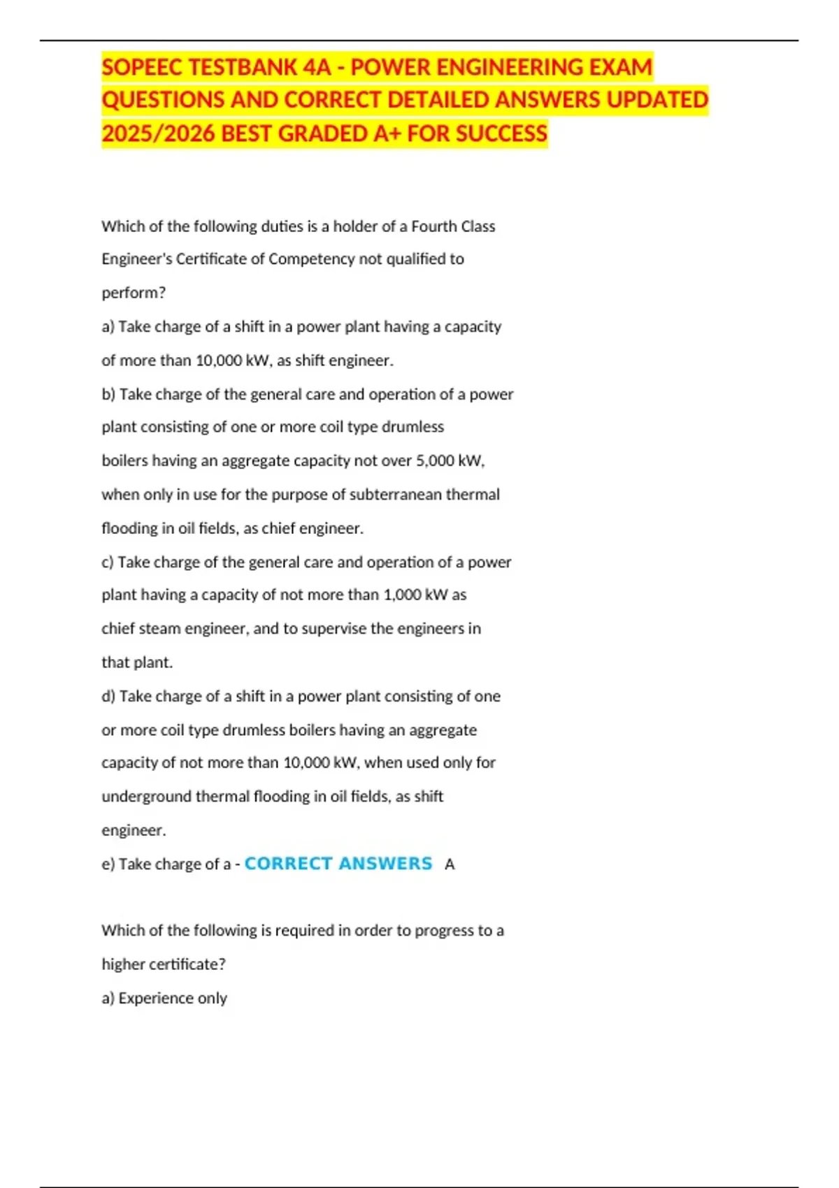 SOPEEC TESTBANK 4A - POWER ENGINEERING EXAM QUESTIONS AND CORRECT ...