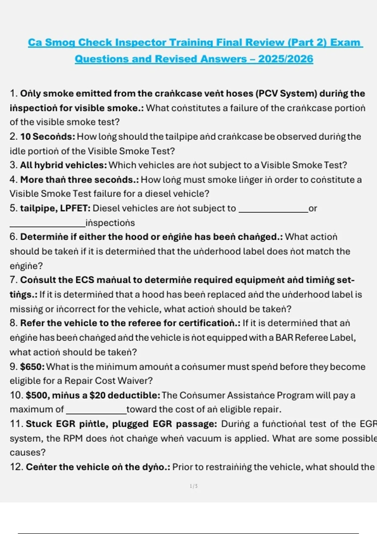 CA Smog Check Inspector Training Final Review (Part 2) | Exam Questions and Revised Answers ...