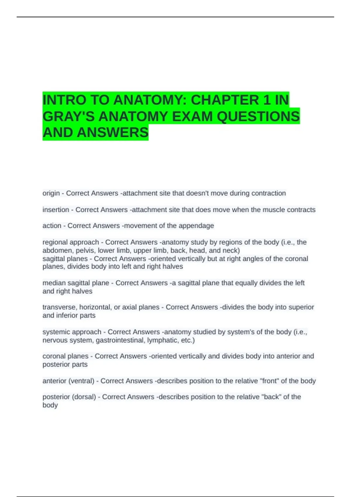 INTRO TO ANATOMY CHAPTER 1 IN GRAY-S ANATOMY EXAM QUESTIONS AND ANSWERS ...