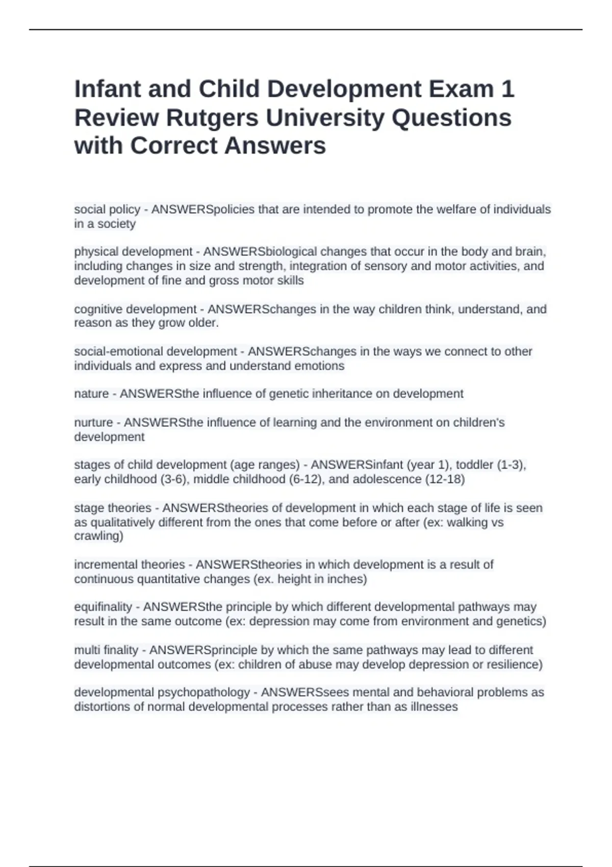 Infant and Child Development Exam 1 Review Rutgers University Questions ...