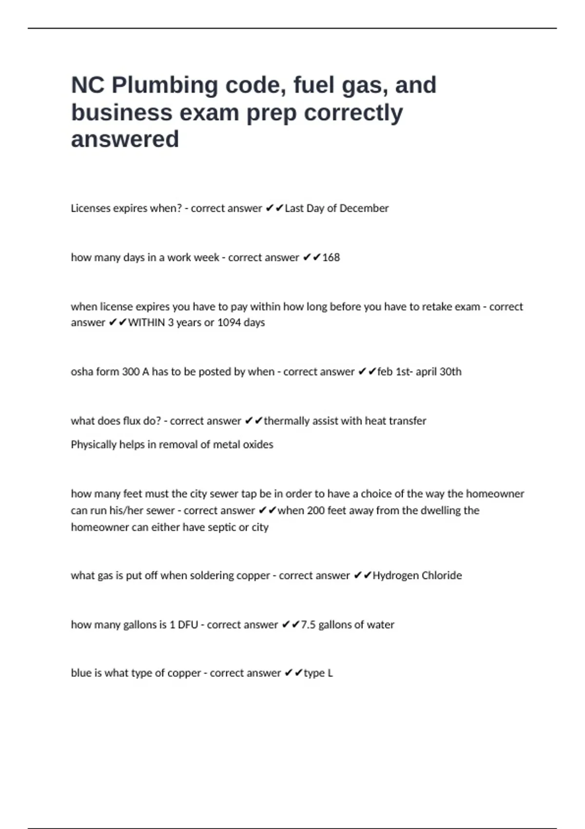 NC Plumbing code, fuel gas, and business exam prep correctly answered ...