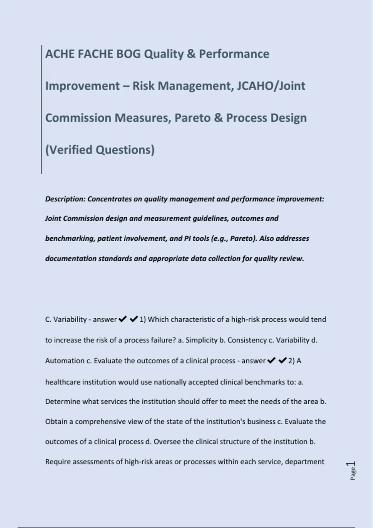 ACHE FACHE BOG Quality & Performance Improvement – Risk Management ...