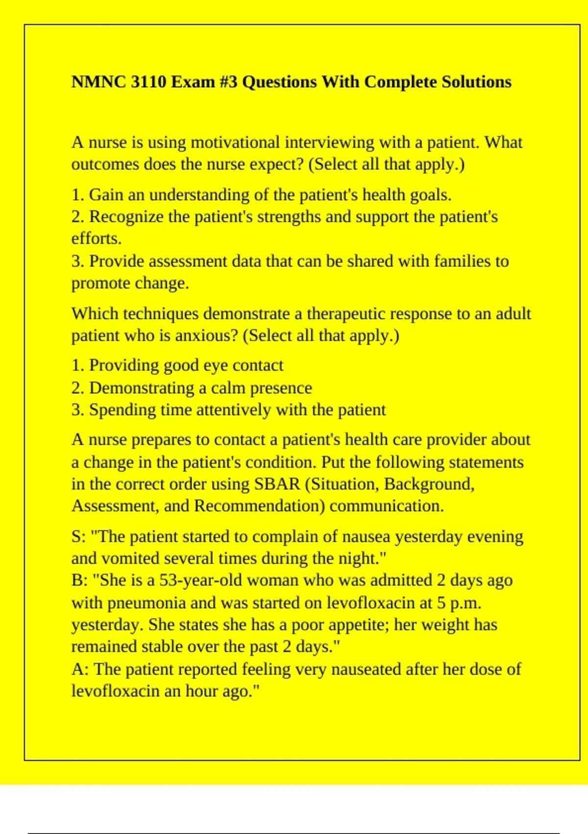 NMNC 3110 Exam #3 Questions With Complete Solutions - NMNC 3110 - Stuvia US