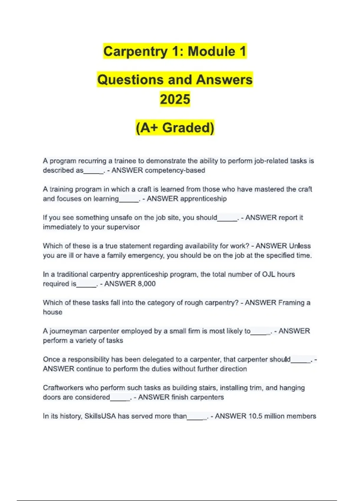 Carpentry 1: Module 1 Questions and Answers 2025 (A+ Graded ...