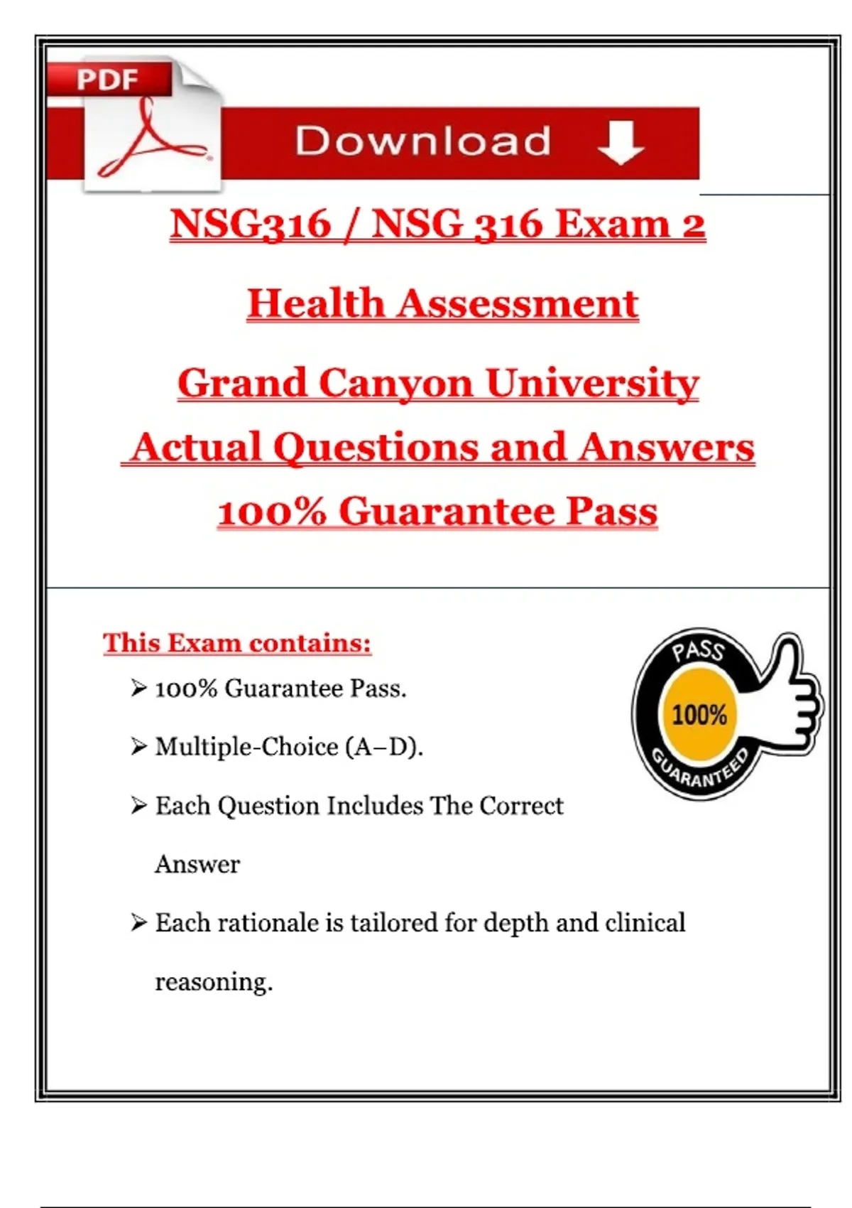 Health Assessment – NSG 316 – Exam 2 – Grand Canyon University – 2025 ...