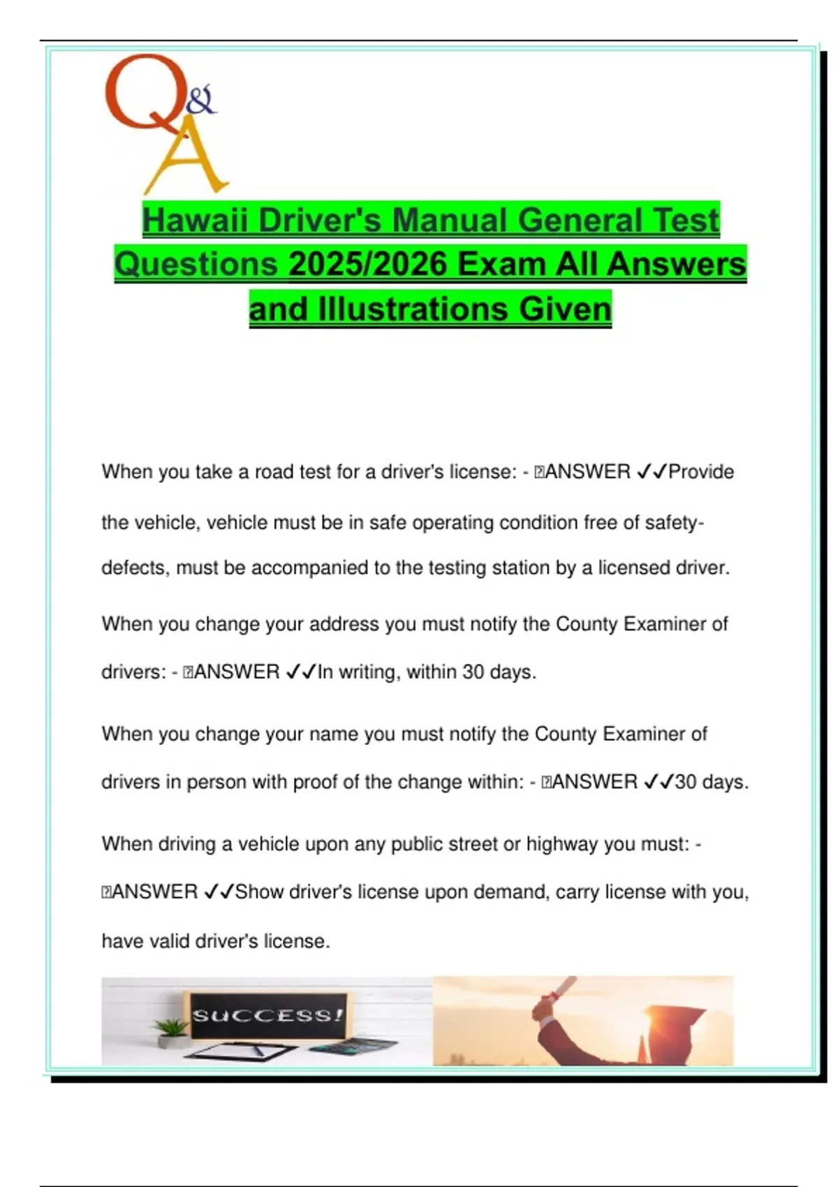 Hawaii Driver’s Manual General Test 2025/2026 – 100+ Fully Answered ...