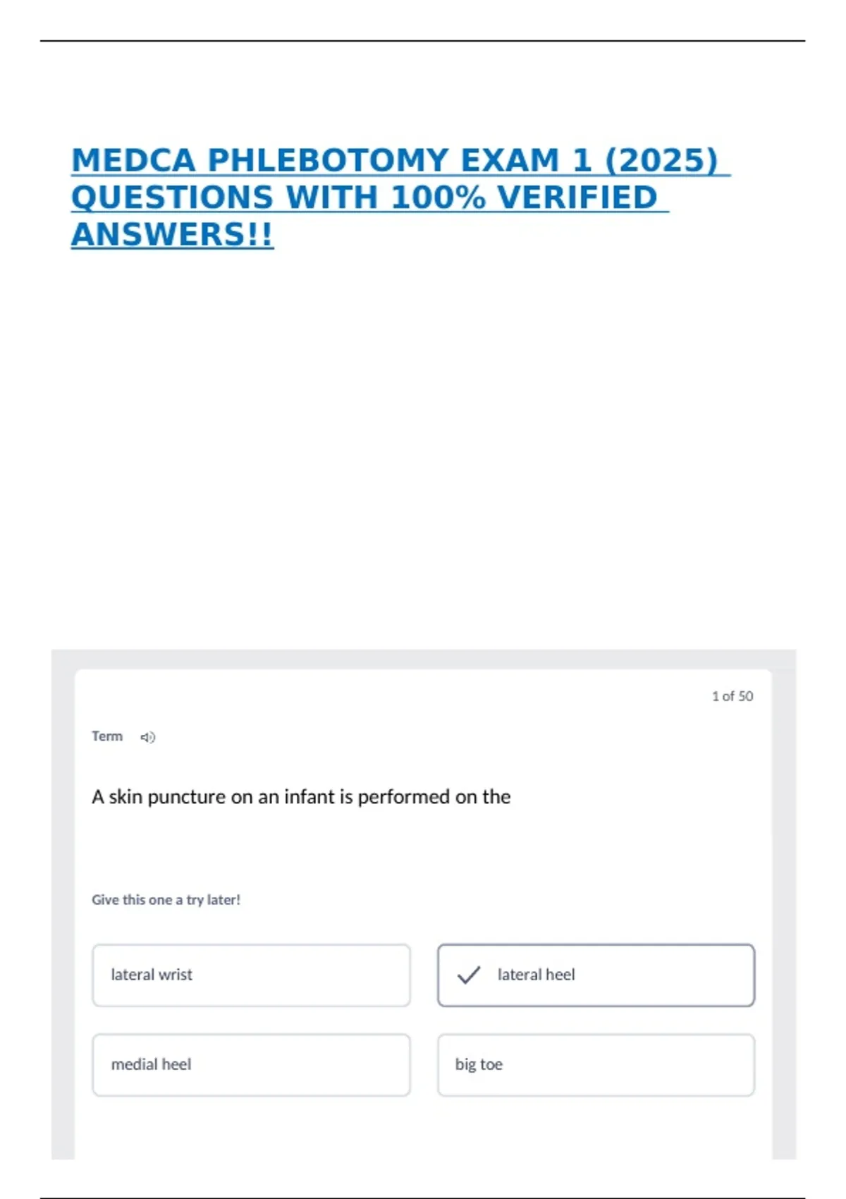 MEDCA PHLEBOTOMY EXAM 1 (2025) QUESTIONS WITH 100% VERIFIED ANSWERS ...