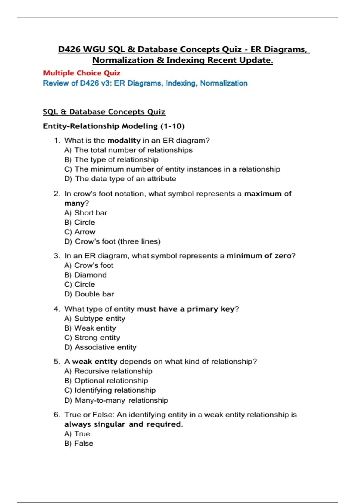 D426 WGU SQL & Database Concepts Quiz - ER Diagrams, Normalization & Indexing Recent Update ...
