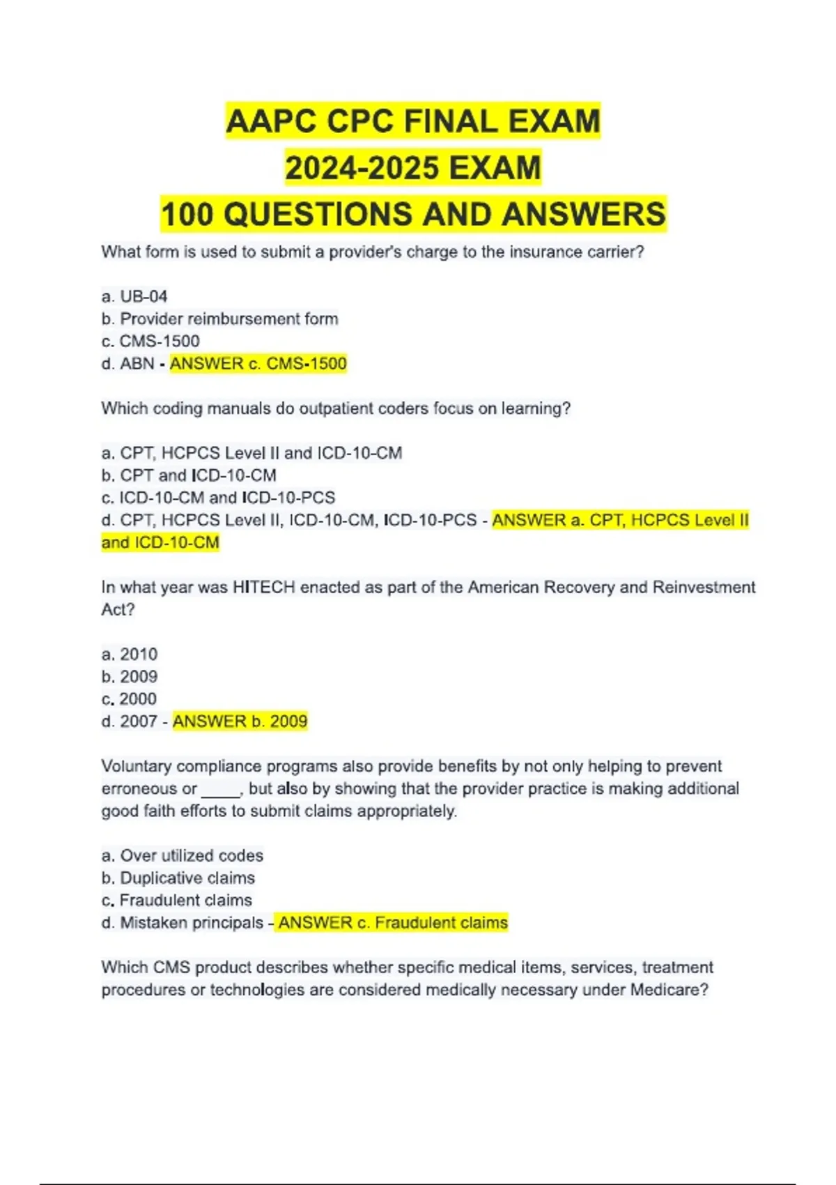 AAPC CPC FINAL EXAM EXAM 100 QUESTIONS AND ANSWERS - AAPC CPC - Stuvia US