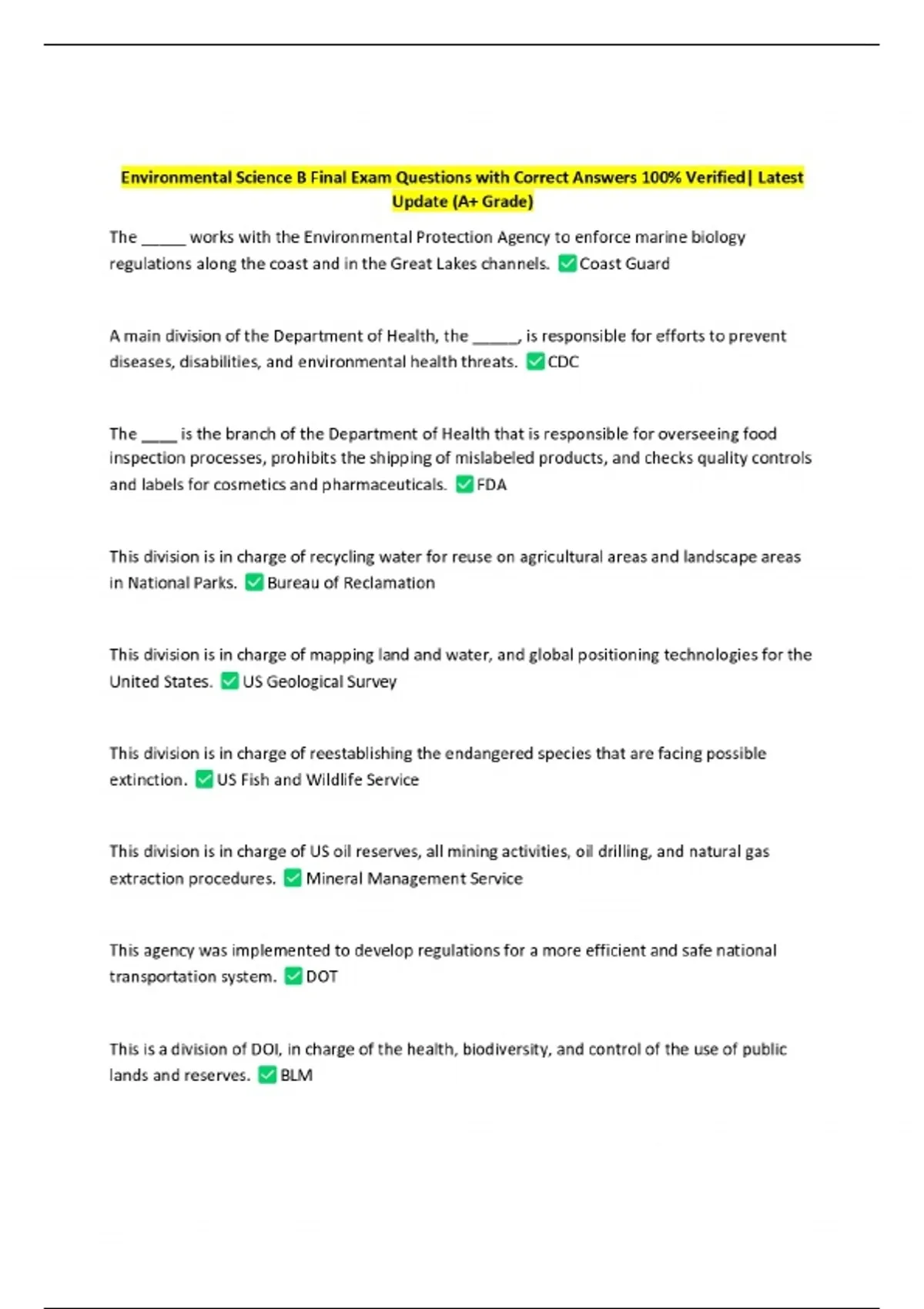 Environmental Science B Final Exam Questions with Correct Answers 100% ...