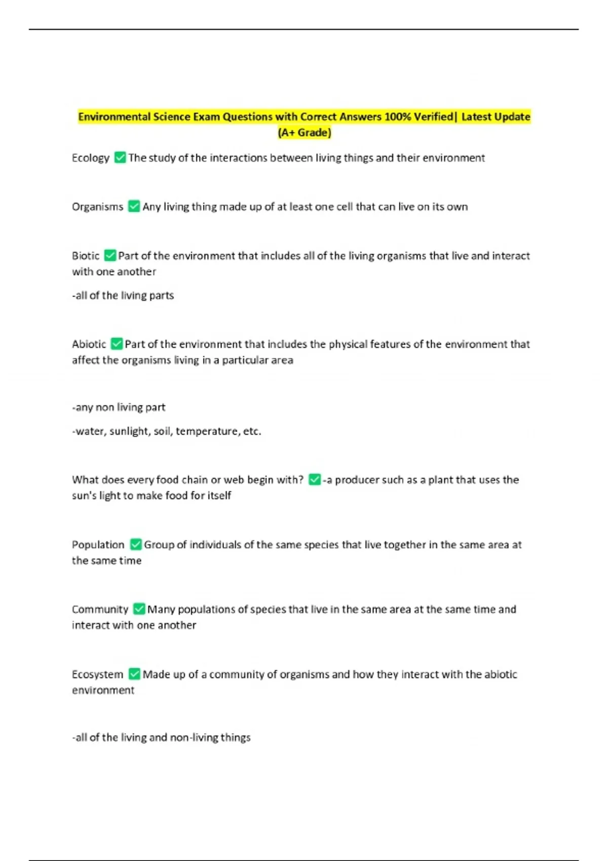 Environmental Science Exam Questions with Correct Answers 100% Verified ...