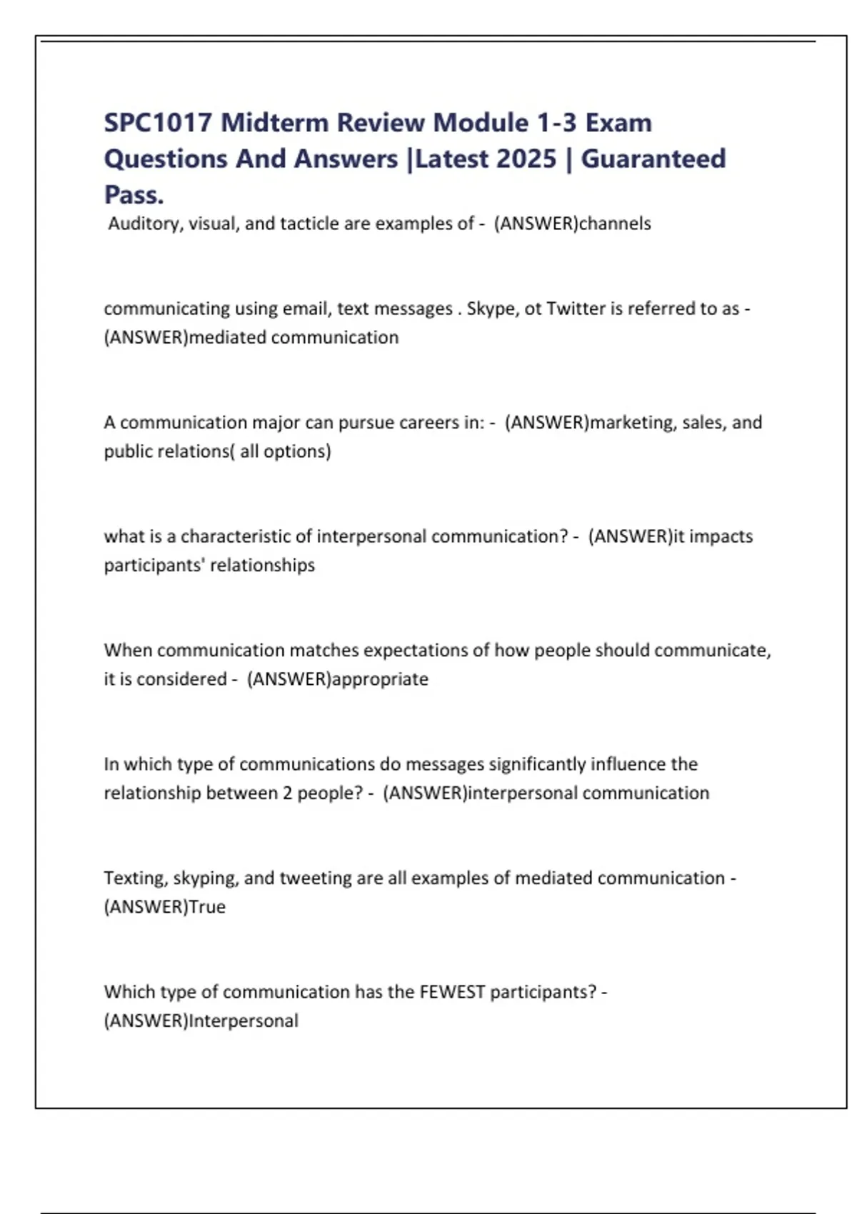 SPC1017 Midterm Review Module 1-3 Exam Questions And Answers |Latest ...