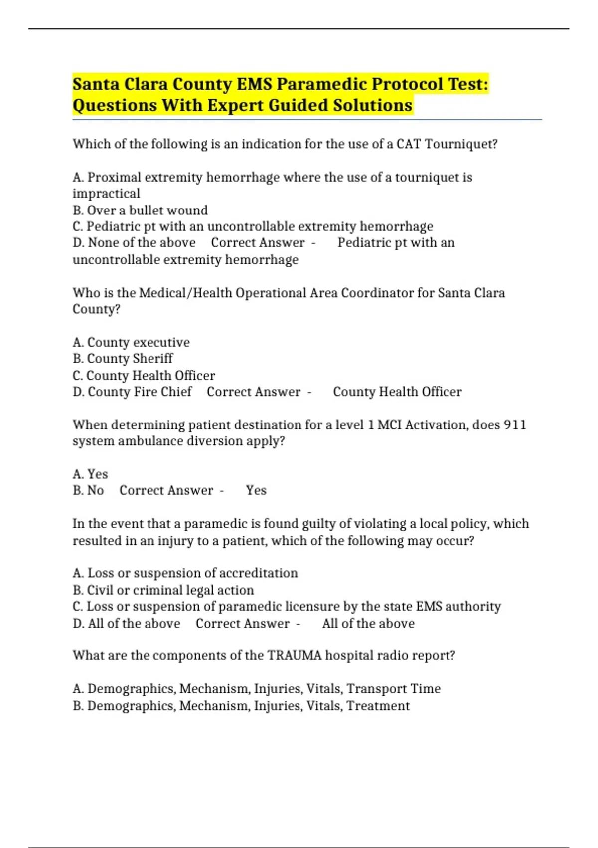 Santa Clara County EMS Paramedic Protocol Test: Questions With Expert ...