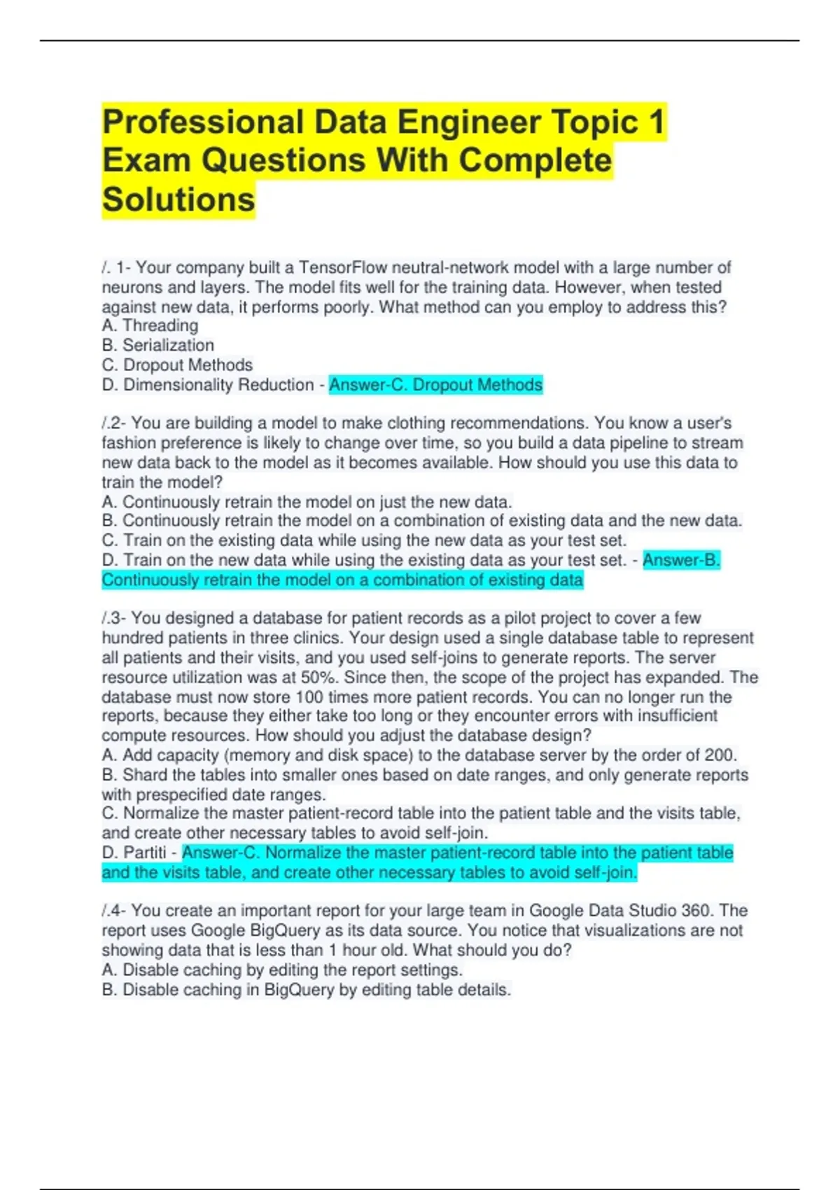 Professional Data Engineer Topic 1 Exam Questions With Complete ...