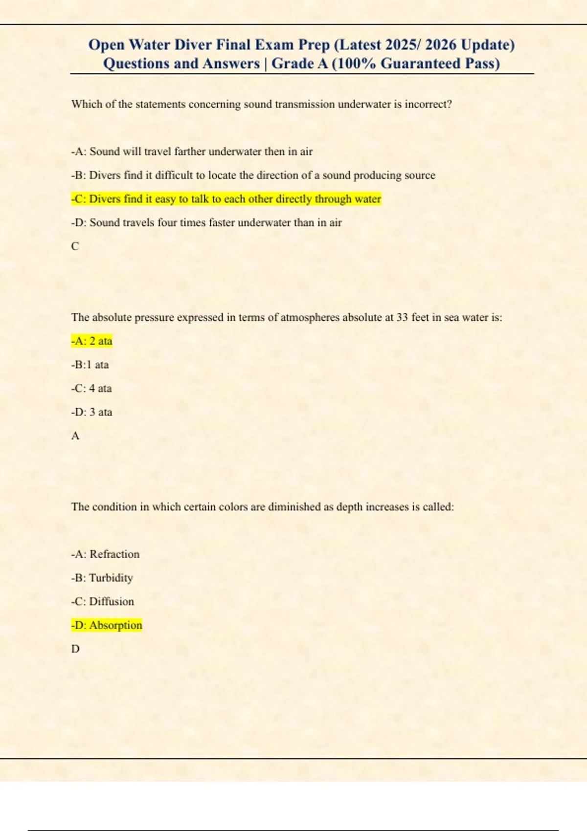 Open Water Diver Final Exam Prep (Latest 2025/ 2026 Update) Questions ...