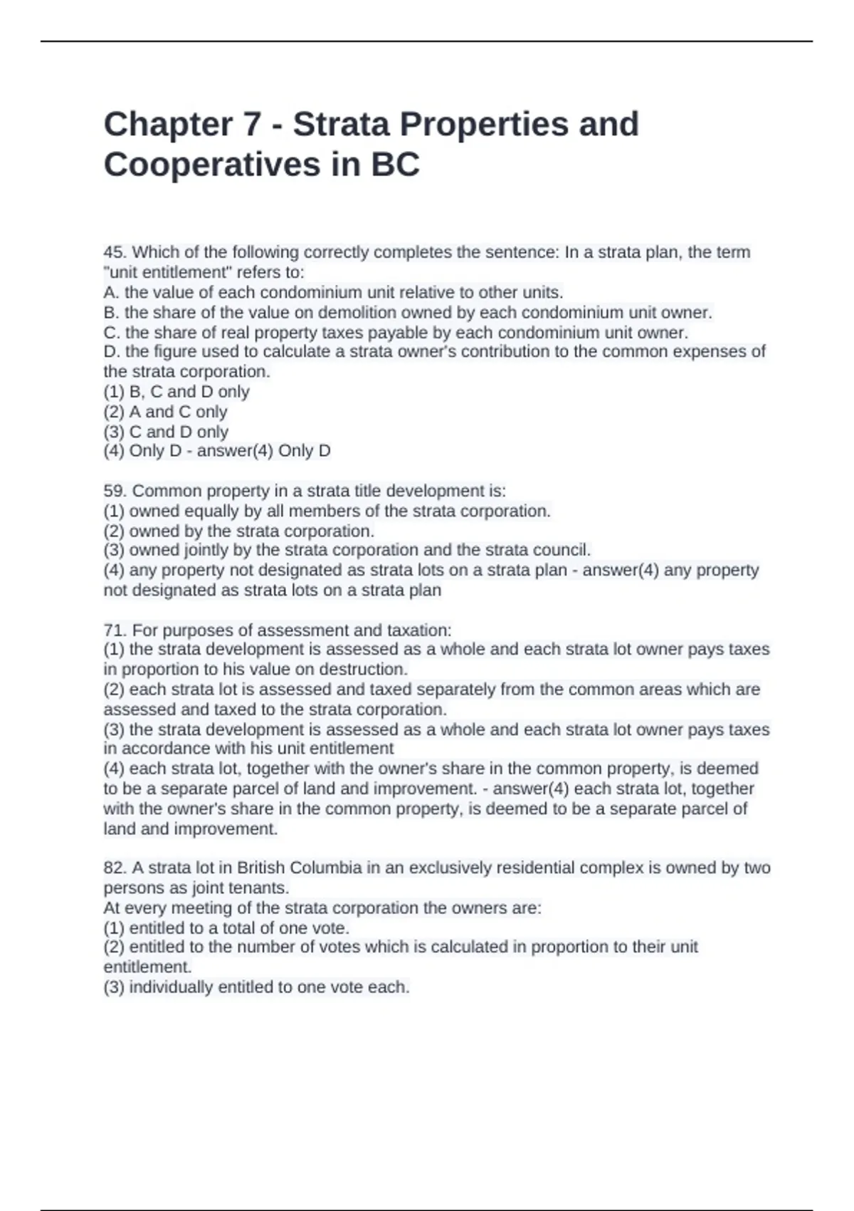 Chapter 7 - Strata Properties and Cooperatives in BC Questions and ...