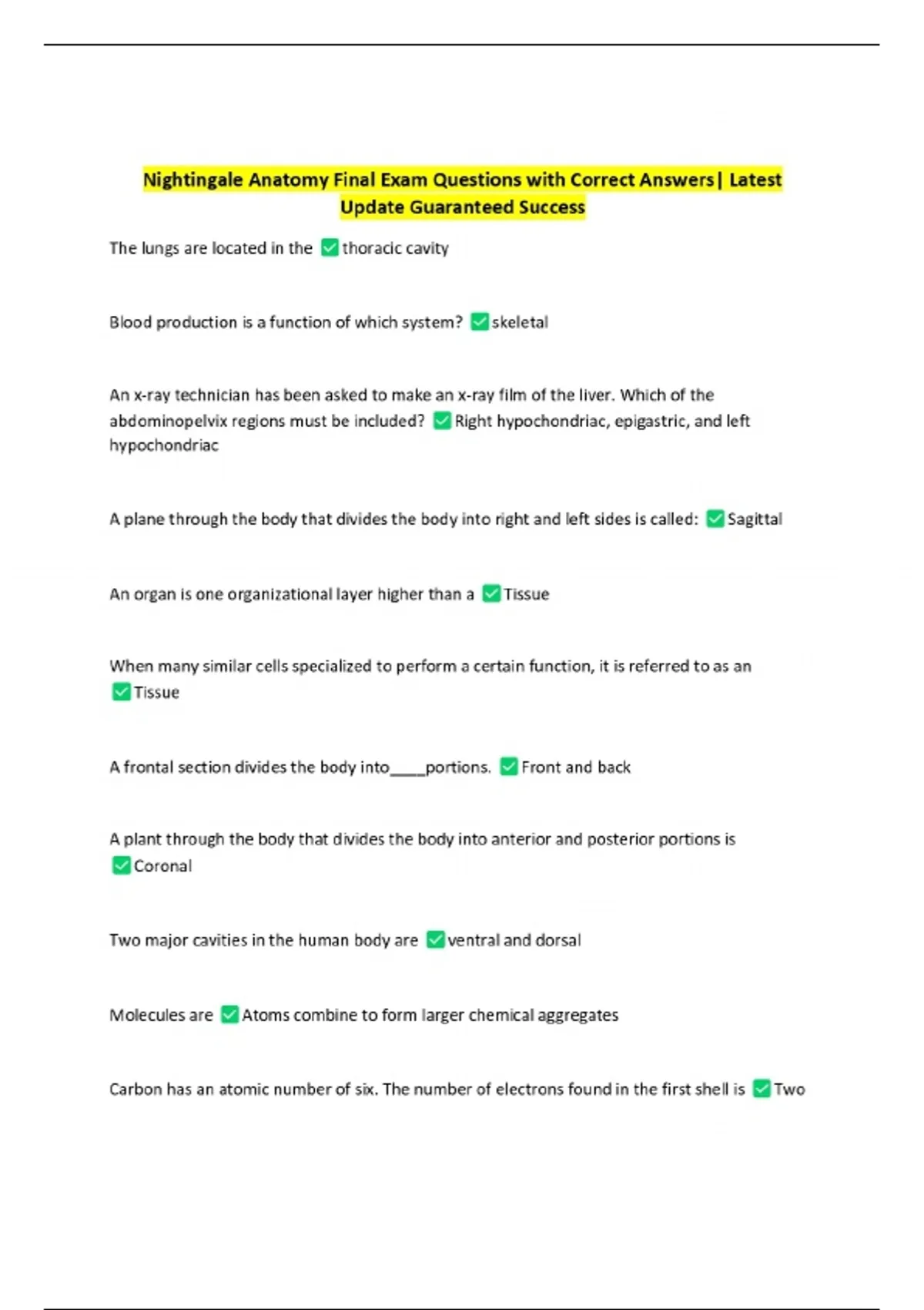 Nightingale Anatomy Final Exam Questions with Correct Answers| Latest ...