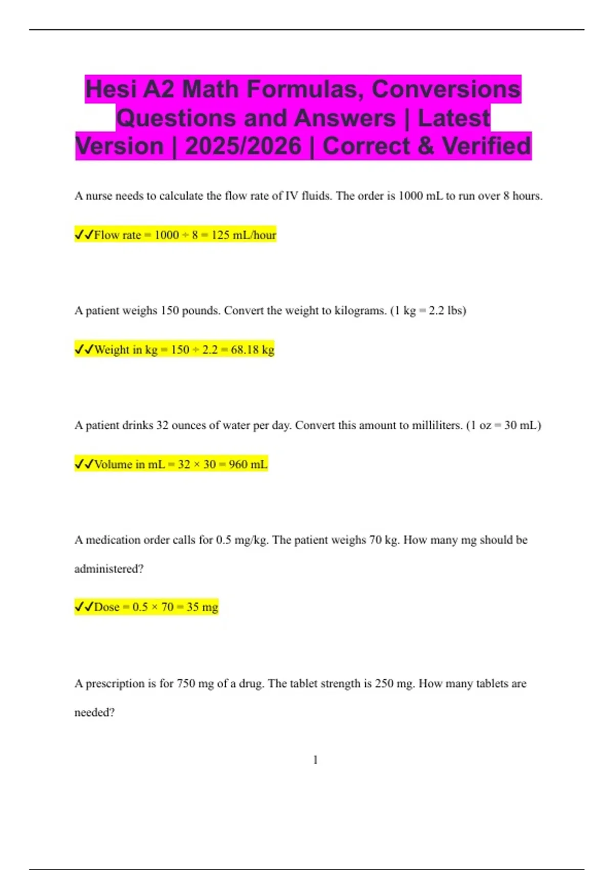 Hesi A2 Math Formulas, Conversions Questions and Answers | Latest ...