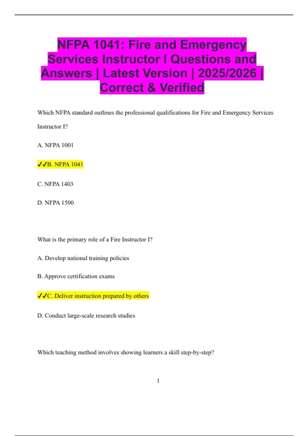 NFPA 1041: Fire and Emergency Services Instructor I Questions and ...