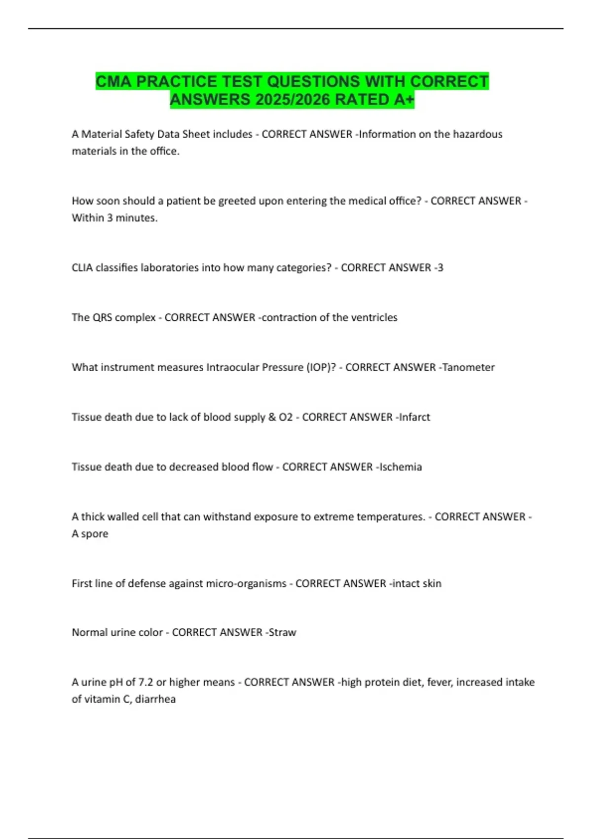 CMA PRACTICE TEST QUESTIONS WITH CORRECT ANSWERS 2025/2026 RATED A+ ...