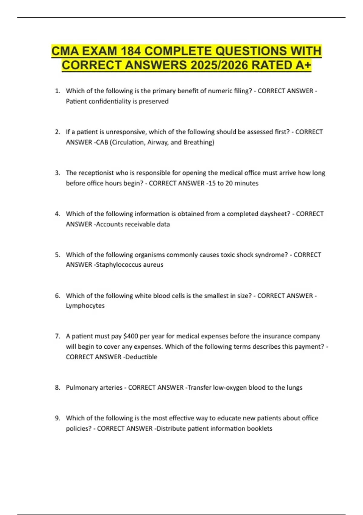 CMA EXAM | 184 COMPLETE QUESTIONS WITH CORRECT ANSWERS 2025/2026 RATED ...