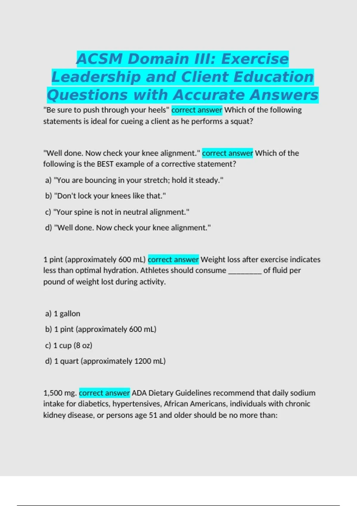 ACSM Domain III: Exercise Leadership and Client Education Questions ...