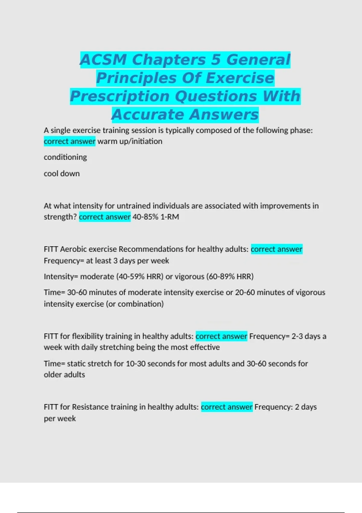 ACSM Chapters 5 General Principles Of Exercise Prescription Questions ...