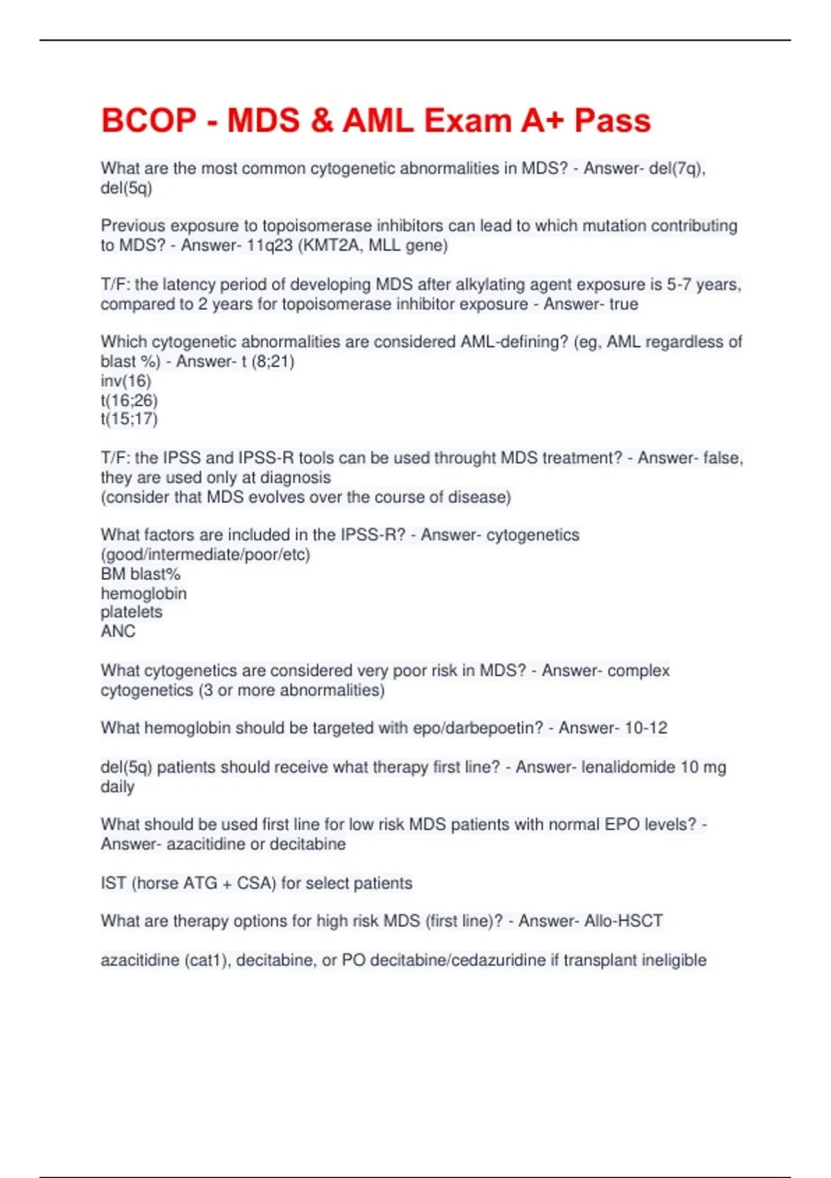 BCOP - MDS & AML Exam A+ Pass - BCOP - MDS & AML - Stuvia US