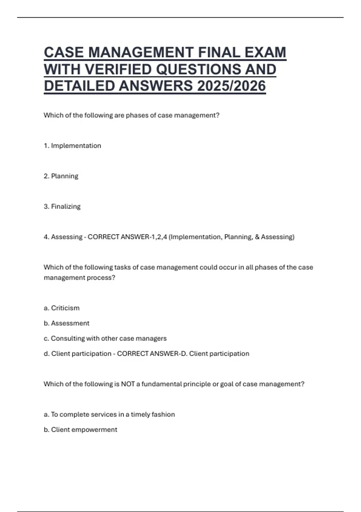 Title: Case Management Final Exam with Verified Questions and Detailed ...