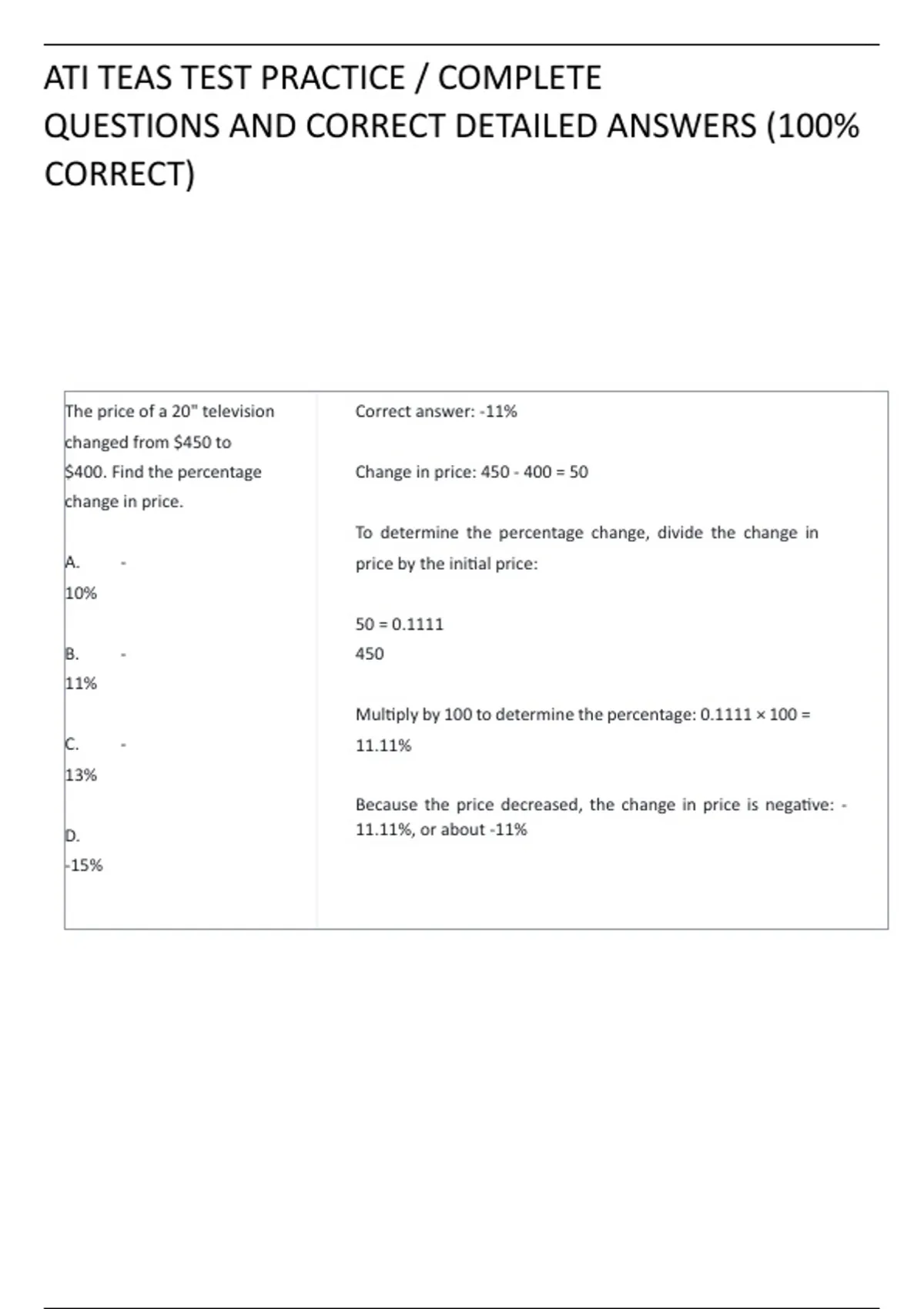ATI TEAS TEST PRACTICE, COMPLETE QUESTIONS AND CORRECT DETAILED ANSWERS ...