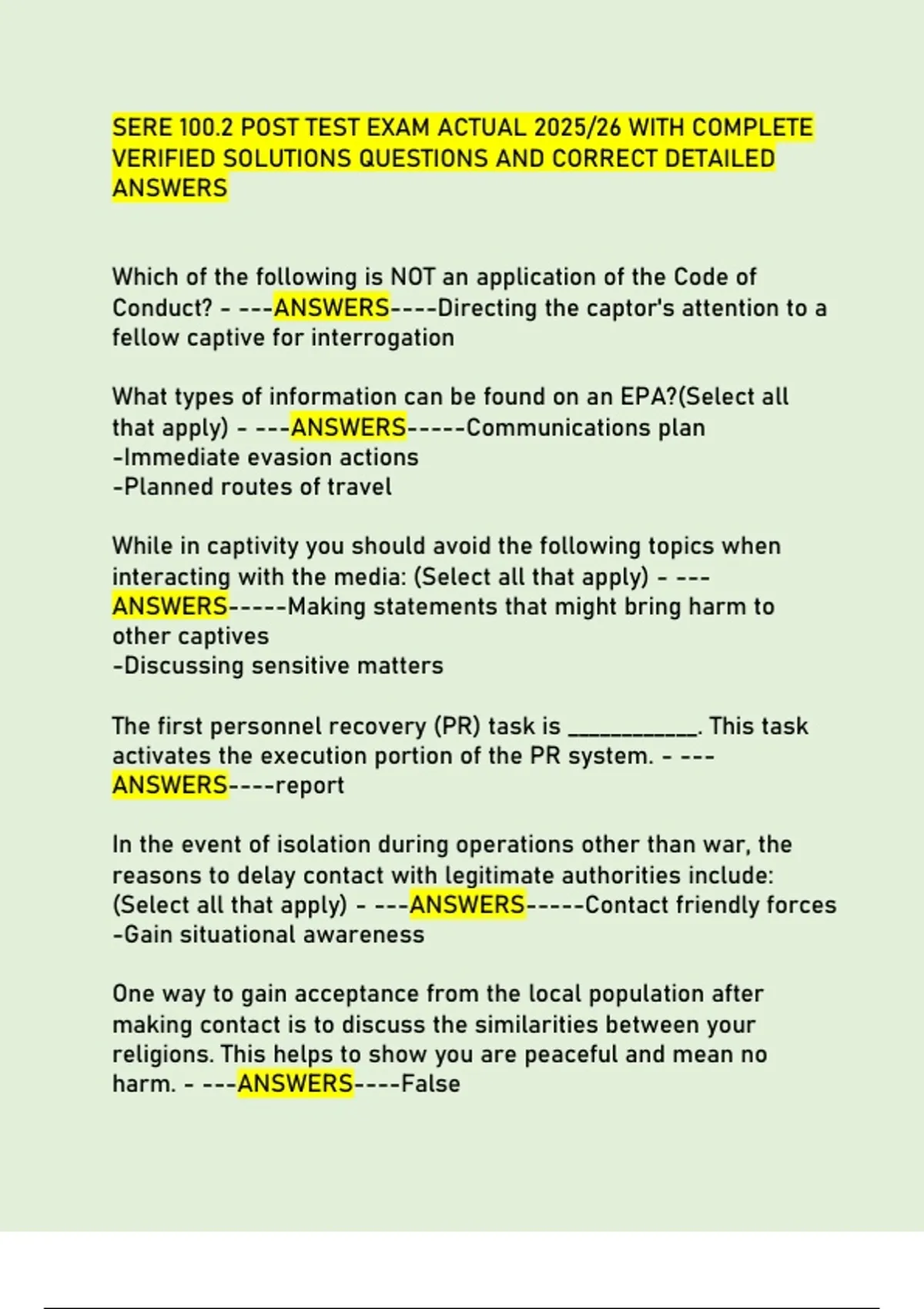 SERE 100.2 POST TEST EXAM ACTUAL 2025/26 WITH COMPLETE VERIFIED ...