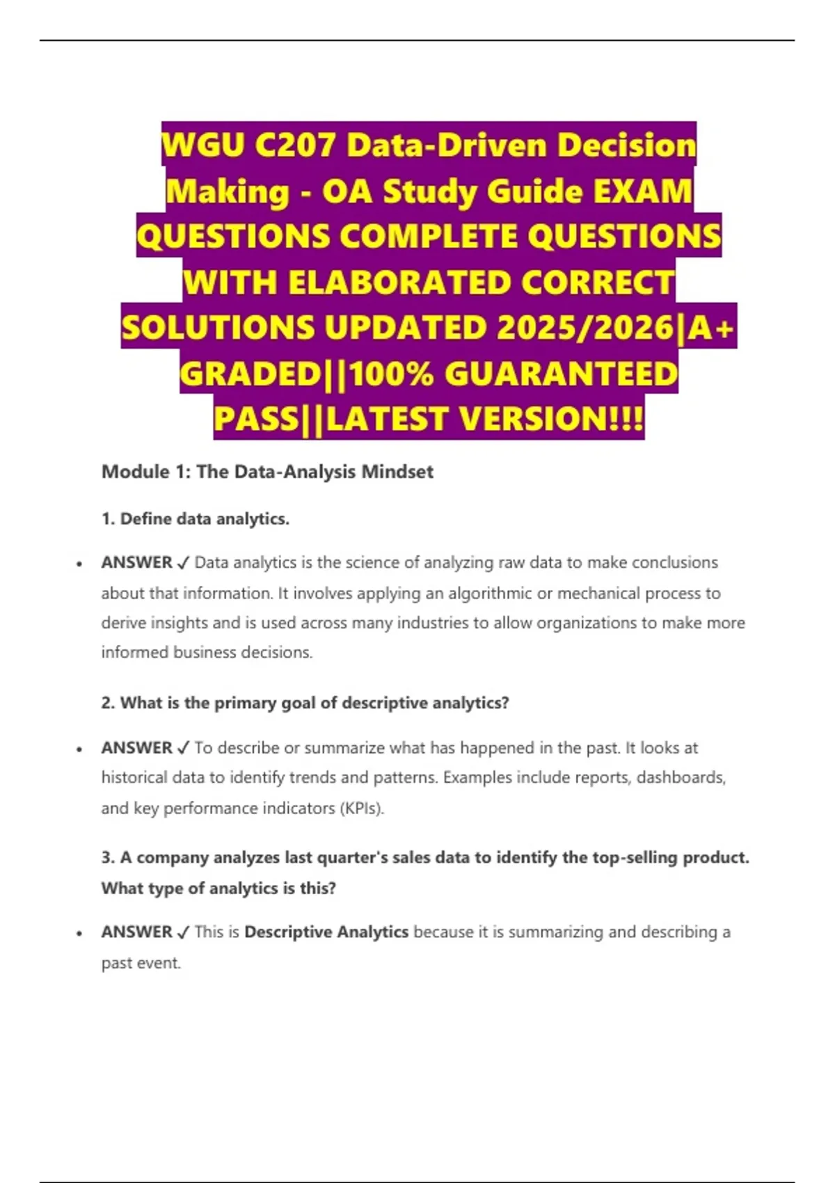 Wgu C207 Data Driven Decision Making Oa Study Guide Exam Questions