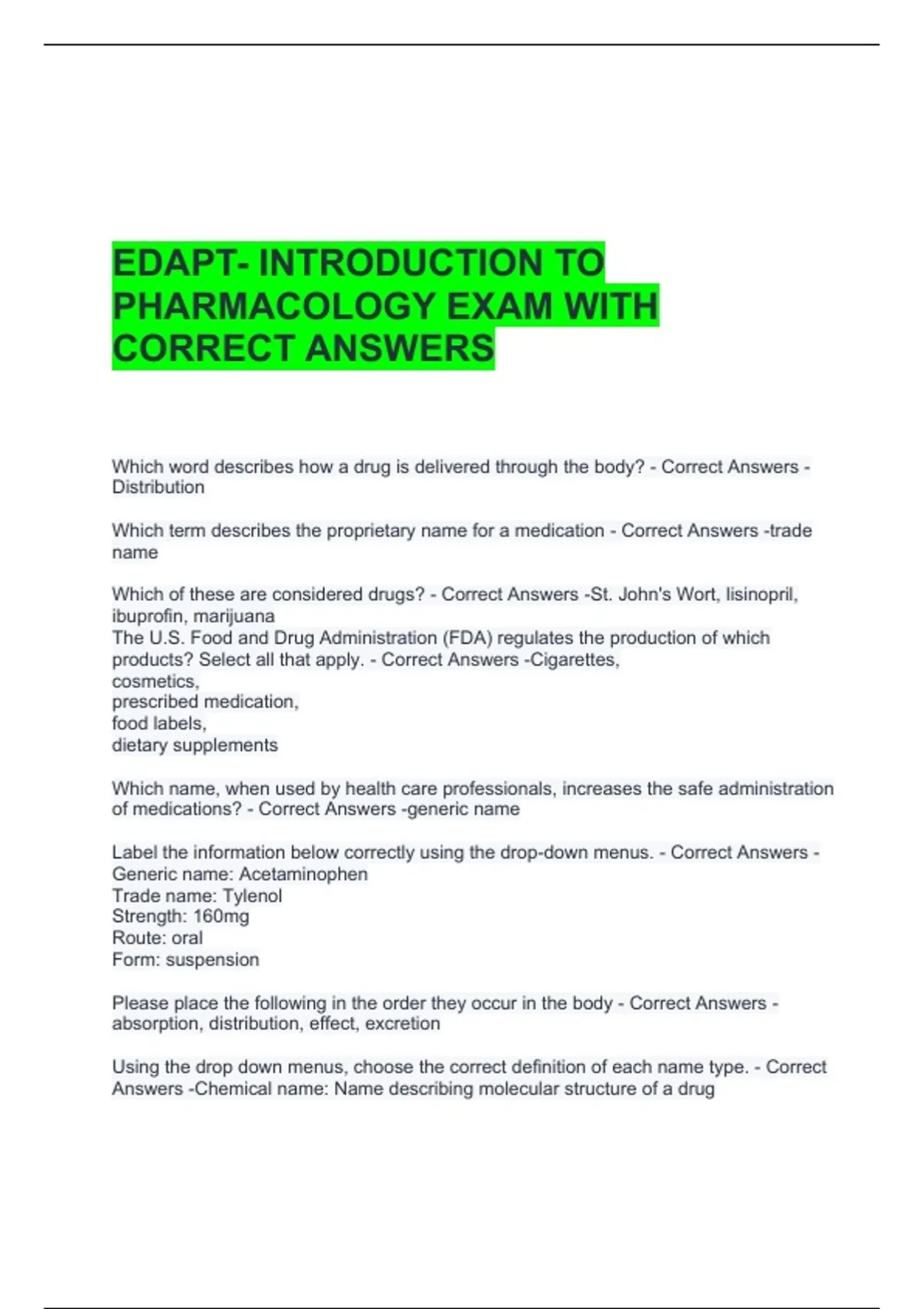 EDAPT- INTRODUCTION TO PHARMACOLOGY EXAM WITH CORRECT ANSWERS - EDAPT ...